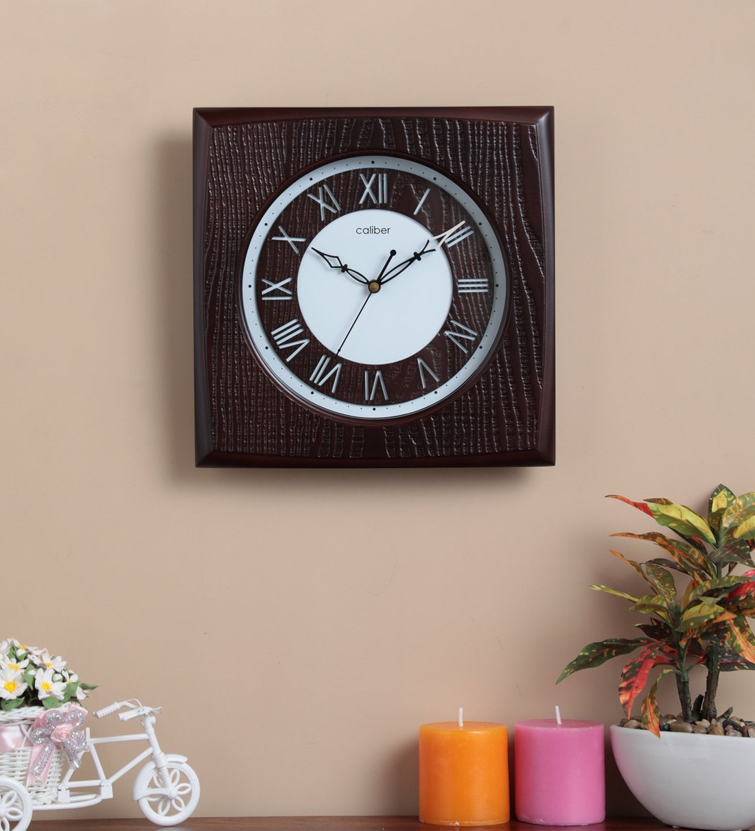 Buy Brown Wooden Square Shape Clock with Bold Roman Figures Dial by ...