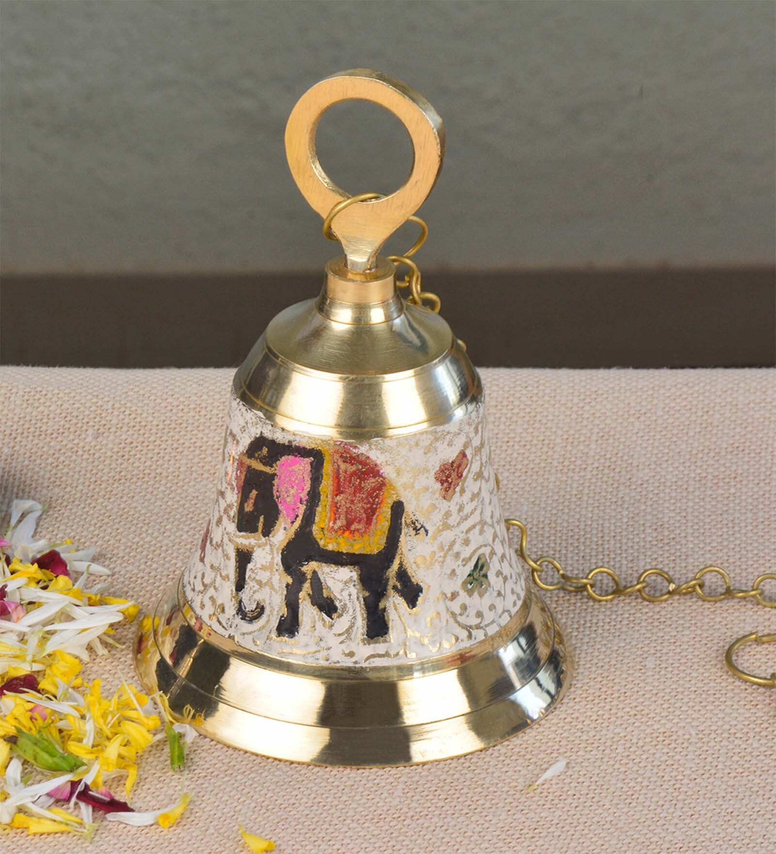 Buy Brass White & Gold Hanging Temple Bell with Elephant Engraving at ...