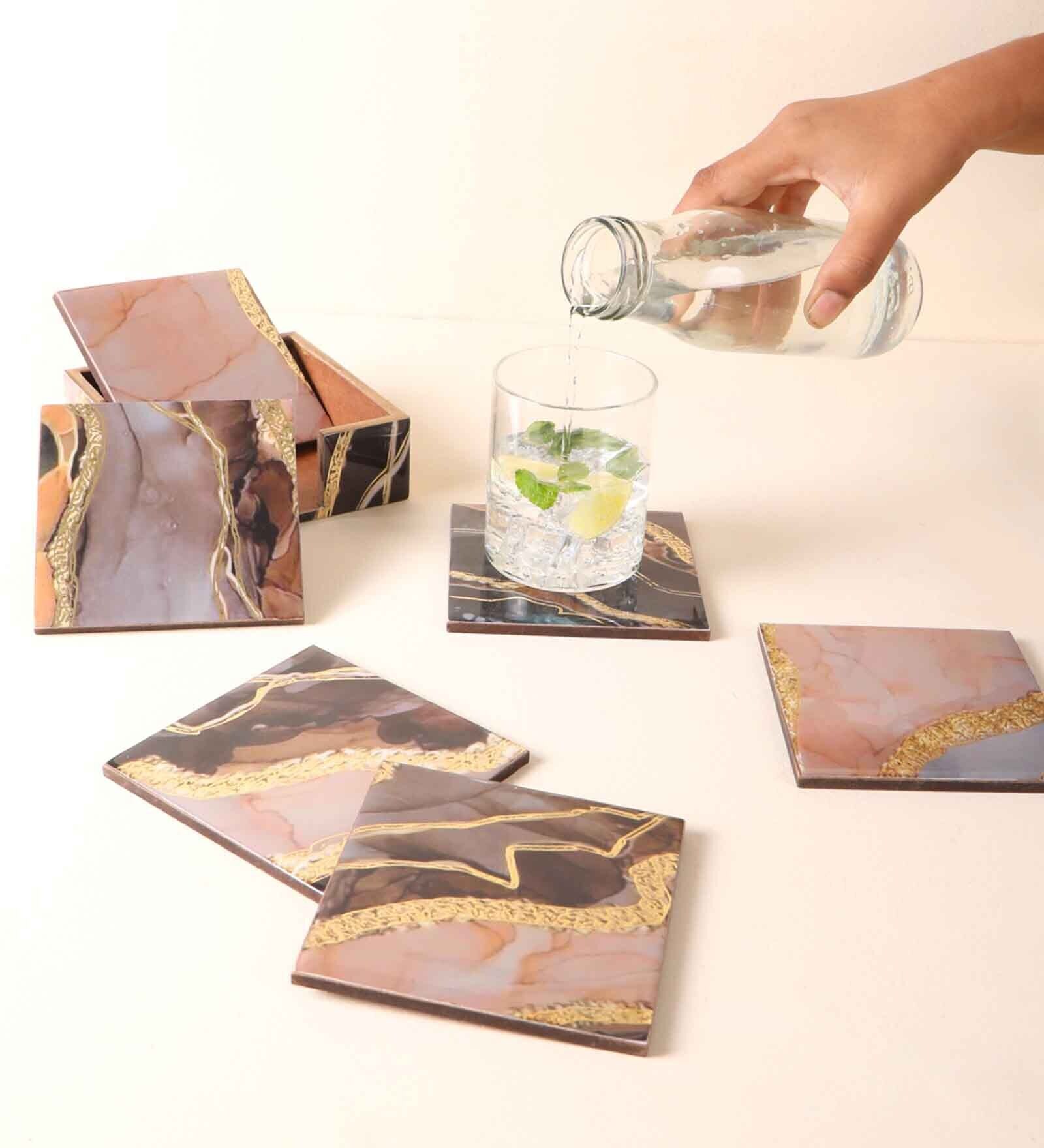 Buy Brown & Gold Mdf Wood Square (Set of 6) Coasters at 35% OFF by The ...