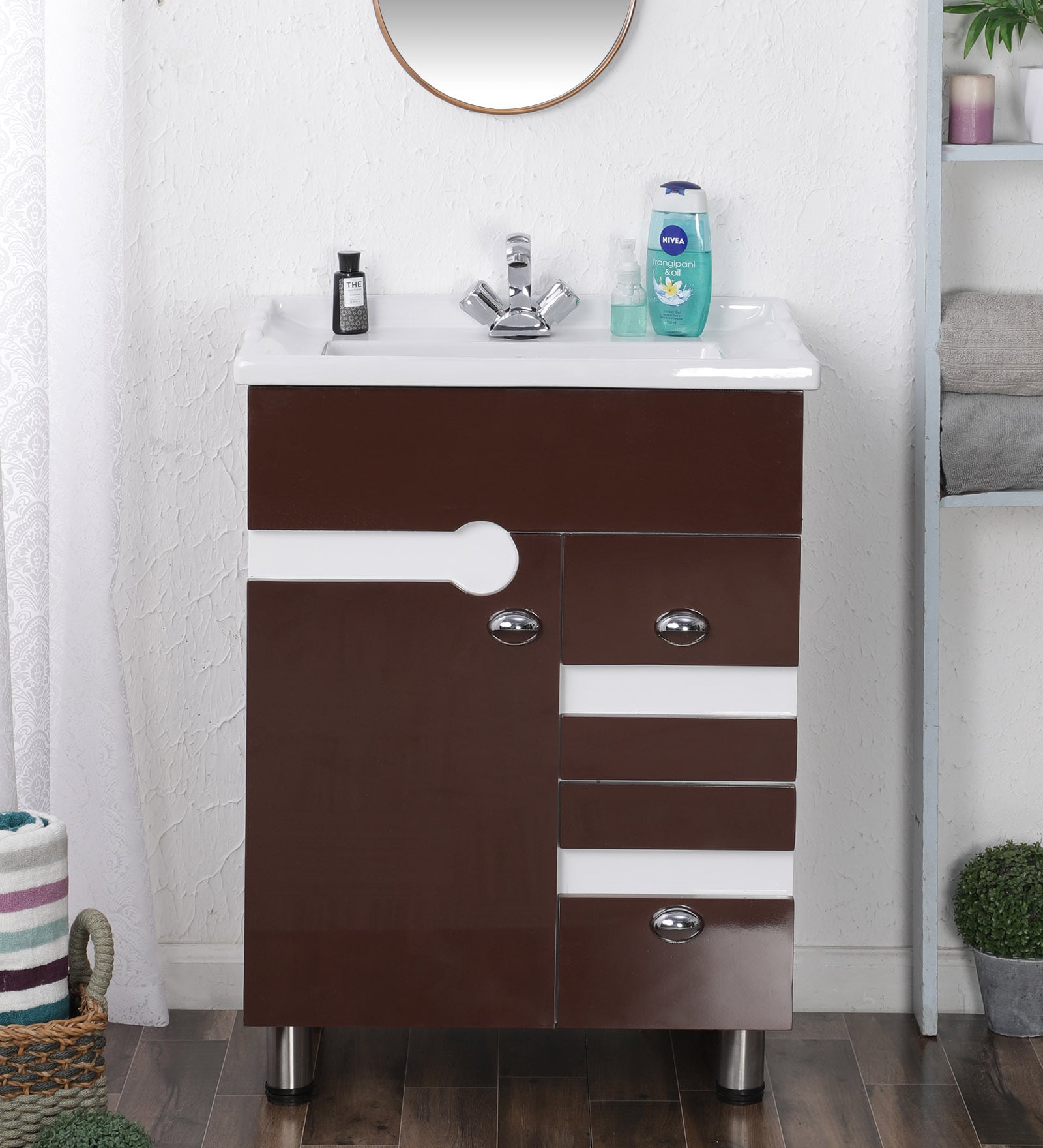 Buy PVC Floor Rested Bathroom Vanity in White & Brown by JJ ...