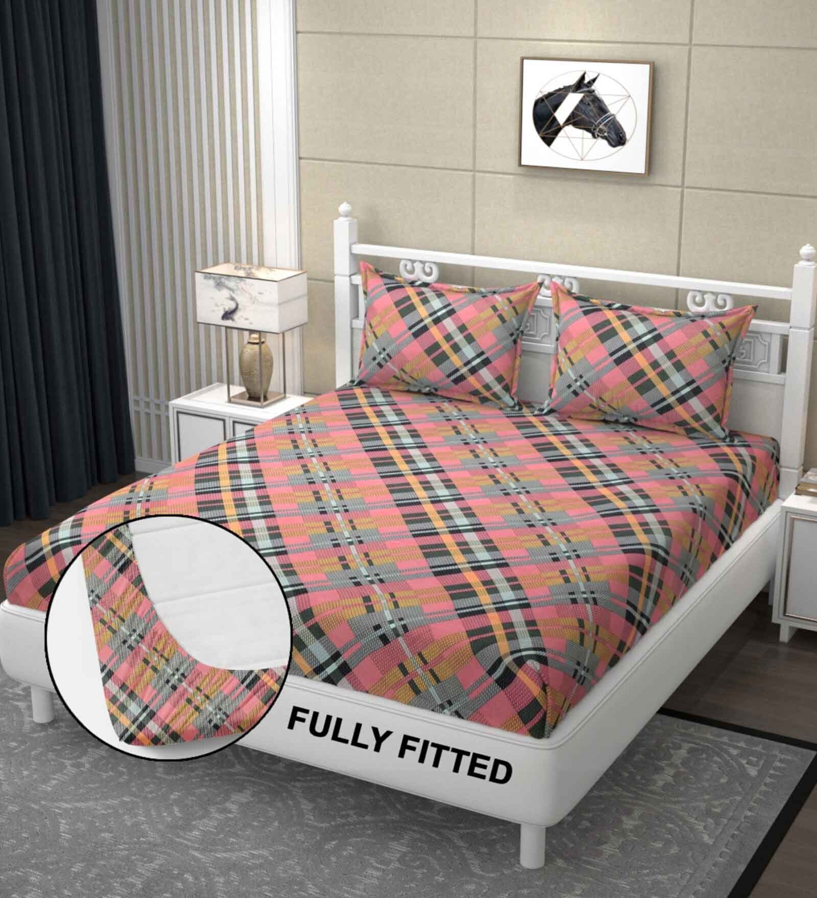 Buy Brown Checkered 220 TC Microfibre King Size Fitted Bedsheet With 2 ...