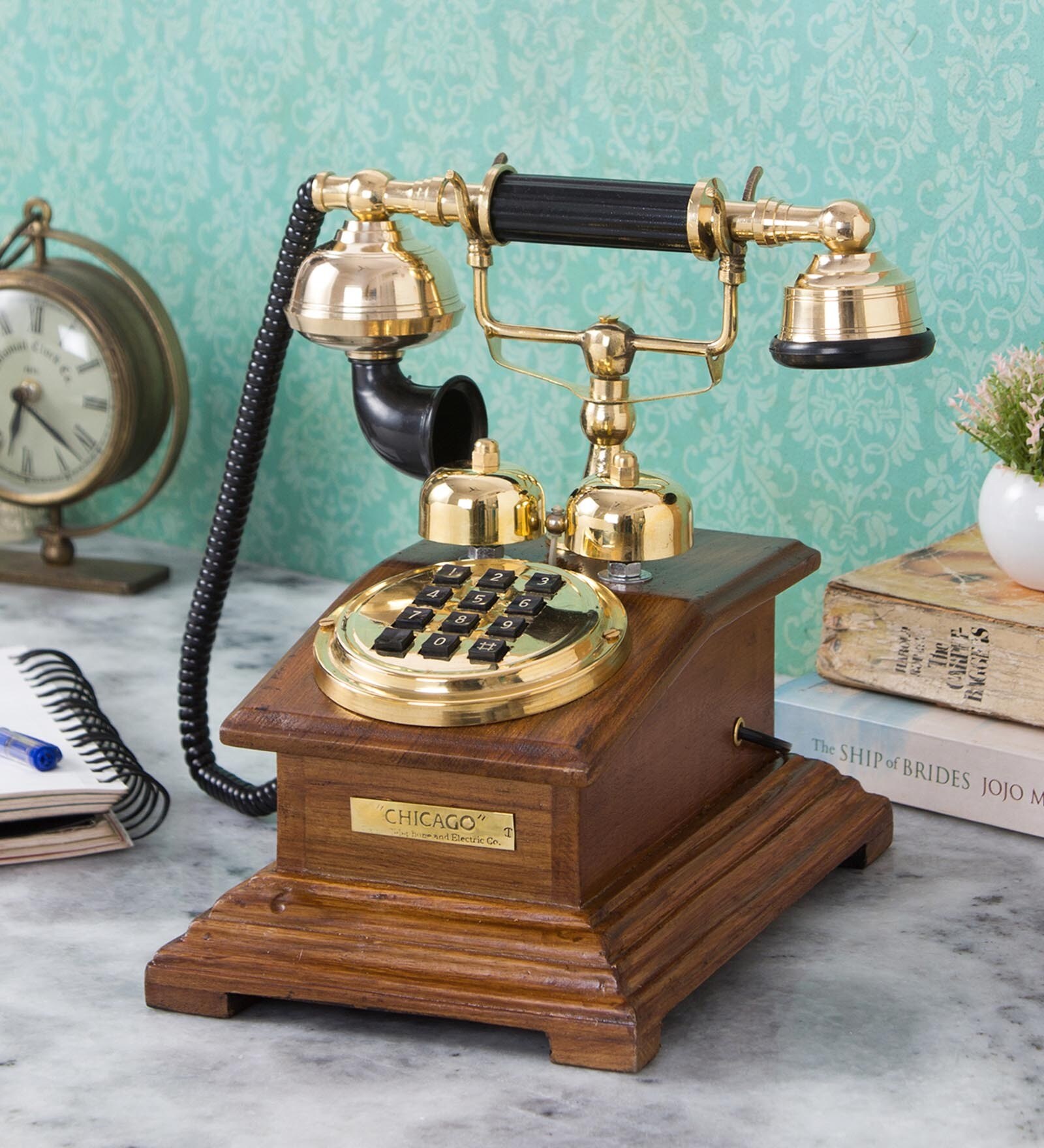 Buy Brown Brass & Wood Push Button Fully Working Retro Telephone with ...