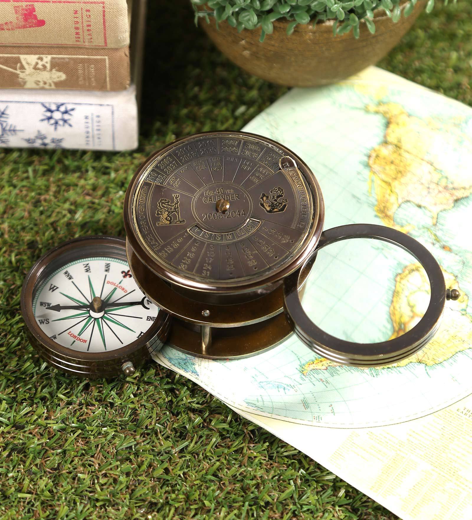 Buy Brown Brass Antique Compass With Magnifier And World Calendar By ...