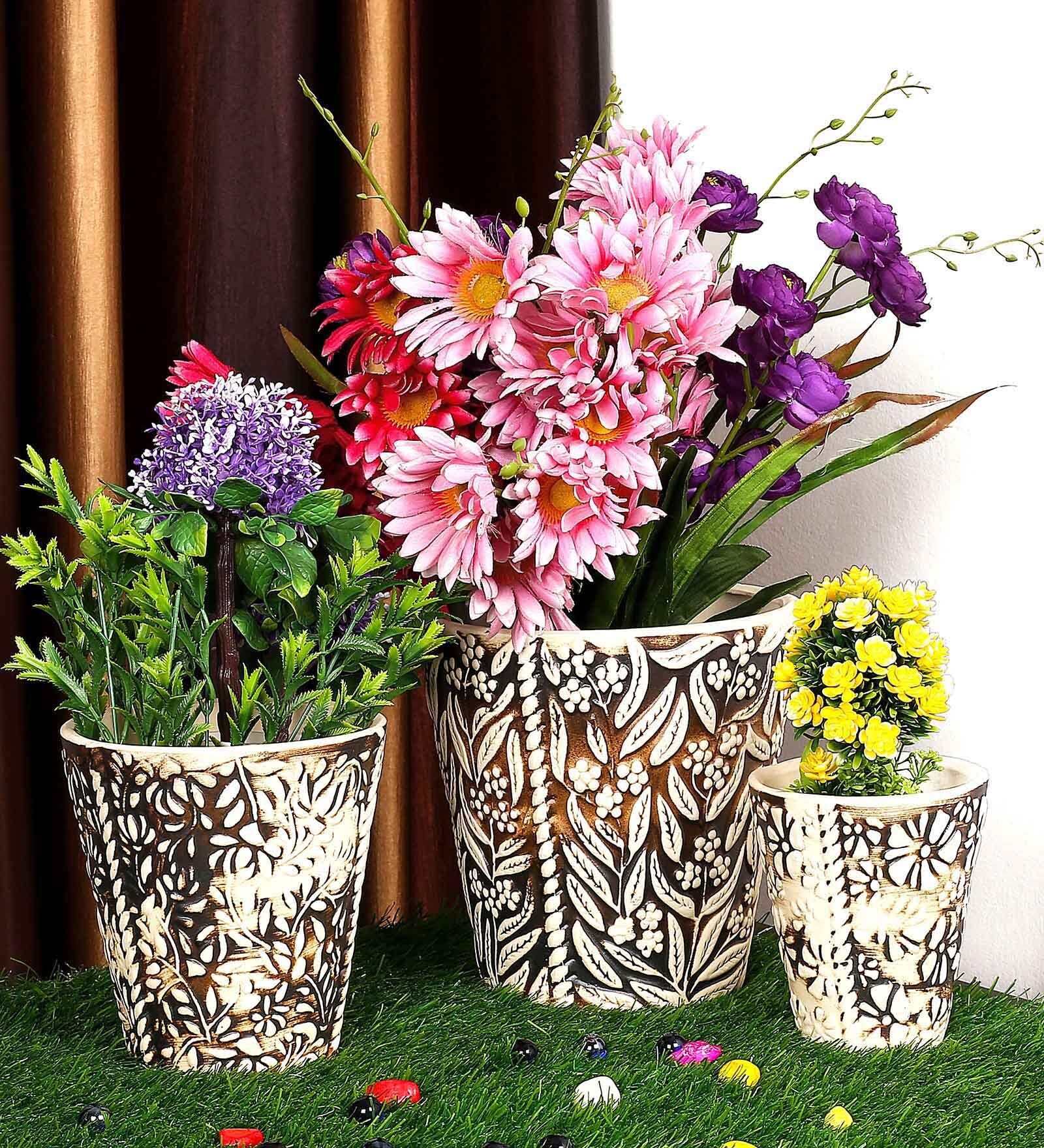 Buy Brown Ceramic Embossing Bucket Shape Flower Pot, Set of 3 by ...