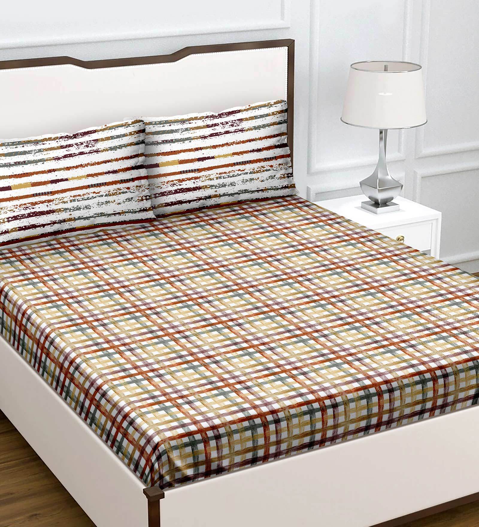 Buy Brown Checkered 180 TC Cotton Queen Sized Bed Sheets with 2 Pillow ...