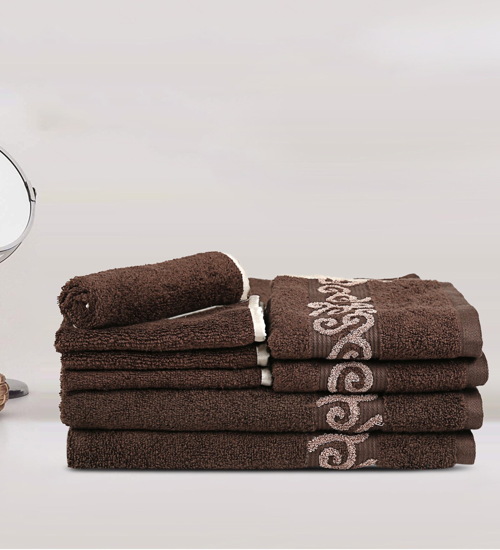Buy Brown Cotton Patterned 500 GSM Towel Set 8 Pieces by Lush & Beyond ...