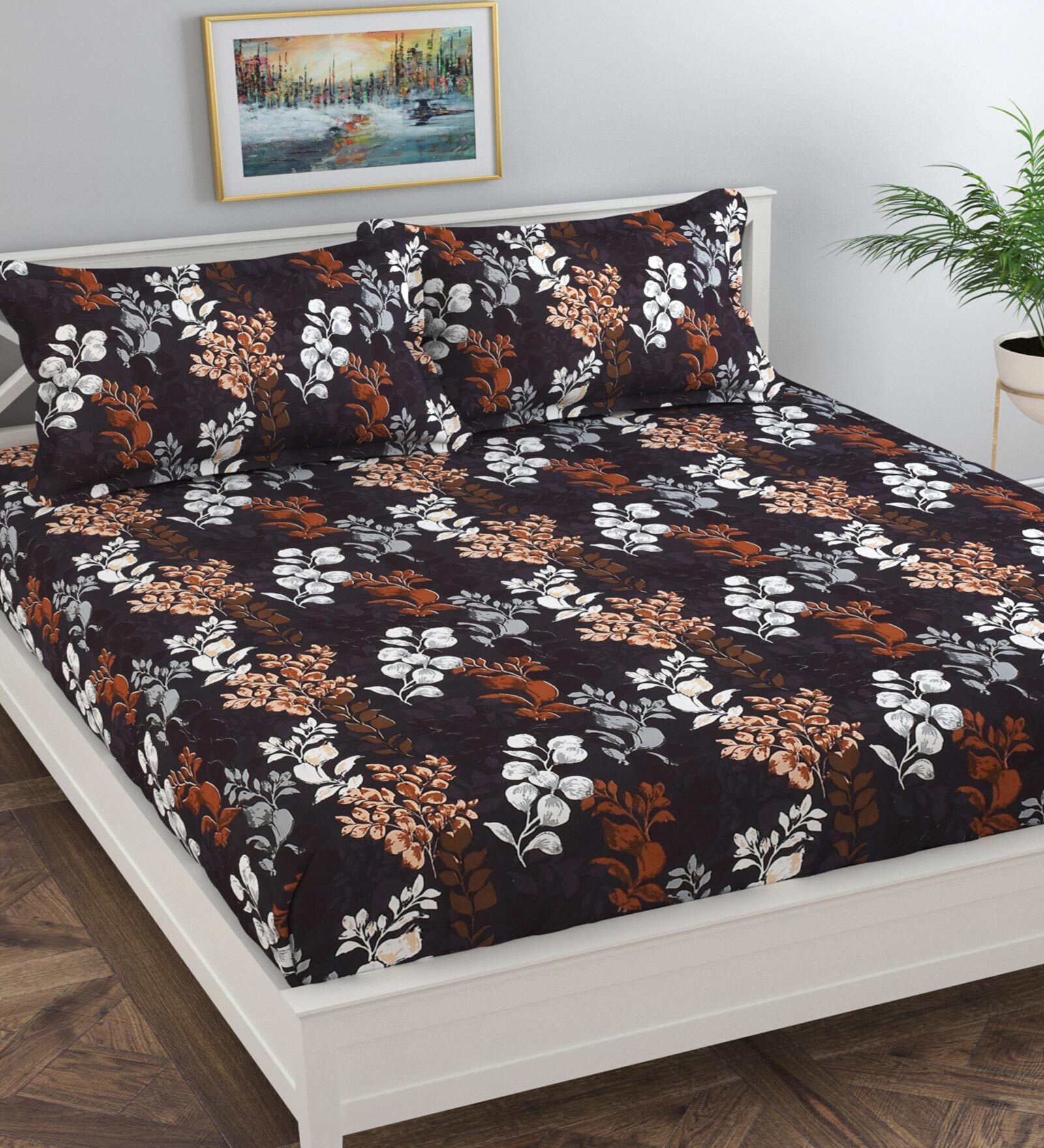 Buy Brown Floral 120 TC Poly Cotton King Sized Bed Sheets with 2 Pillow ...
