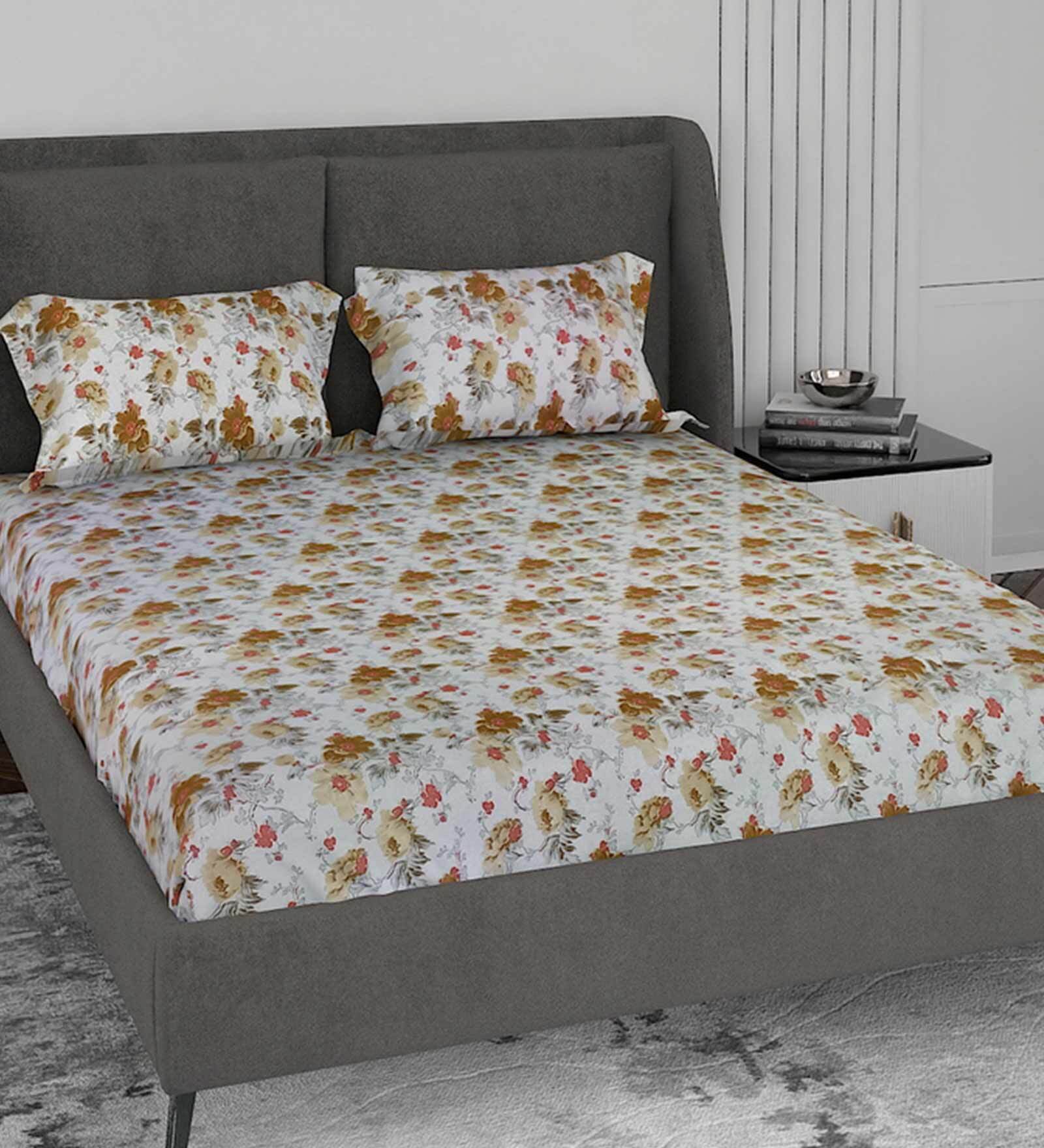 Buy Brown Floral 180 TC 100 % Cotton Double Bedsheet With 2 Pillow Covers by LABHAM at 65% OFF ...