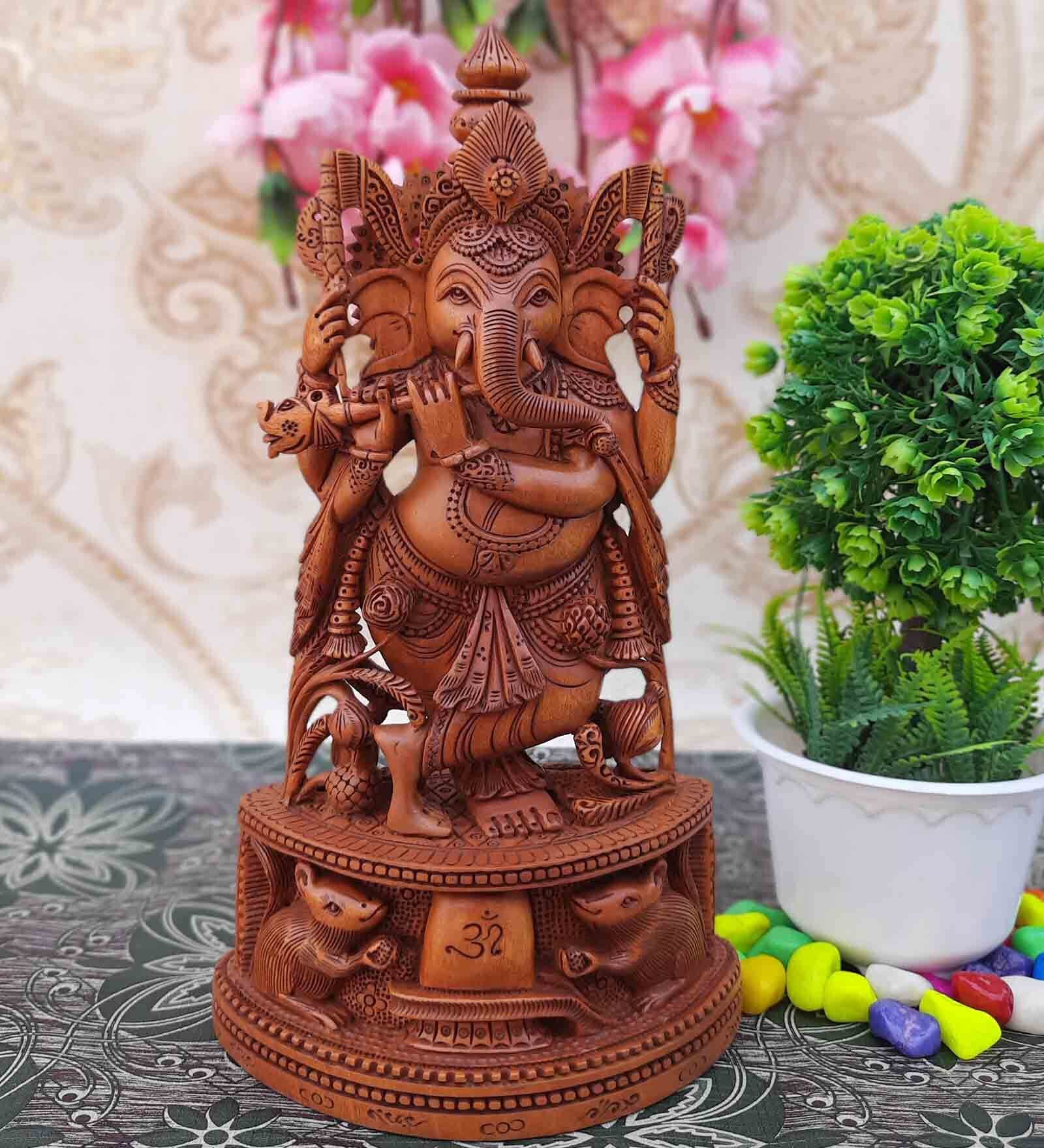 Buy Brown Kadam Wood Ganesha Standing Playing Flute Idol by Samriddhi ...