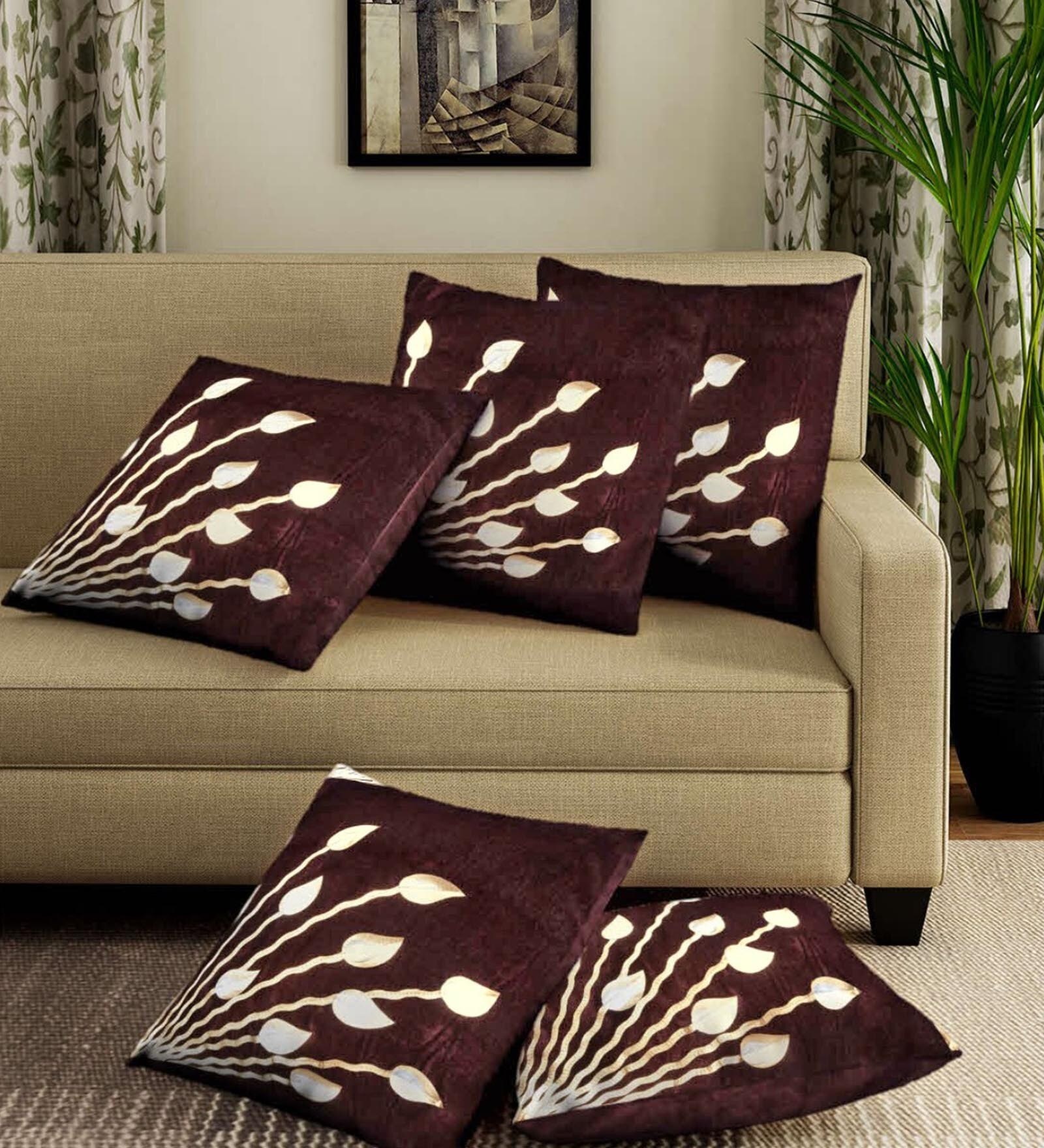 Buy Brown Leafy Velvet 16 x 16 Inches Cushion Cover (Set of 5) by Romee ...