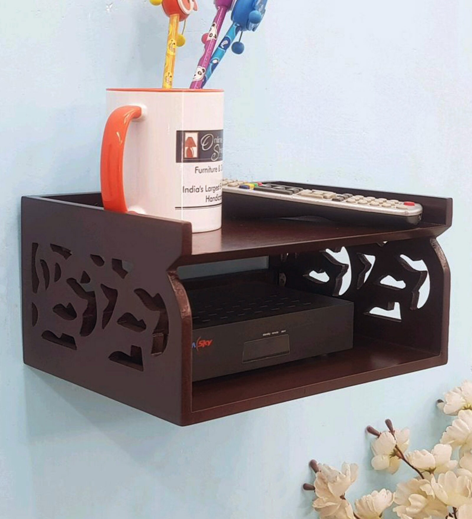 Buy Engineered Wood Carved Wall Mounted Set Top Box Holder in Brown ...