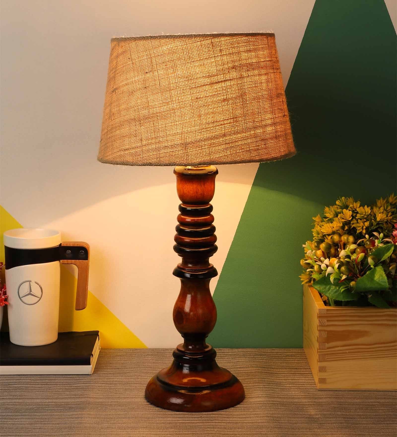 Buy Electa Brown Natural Fiber Shade Night Lamp With Wood Base at 50% ...