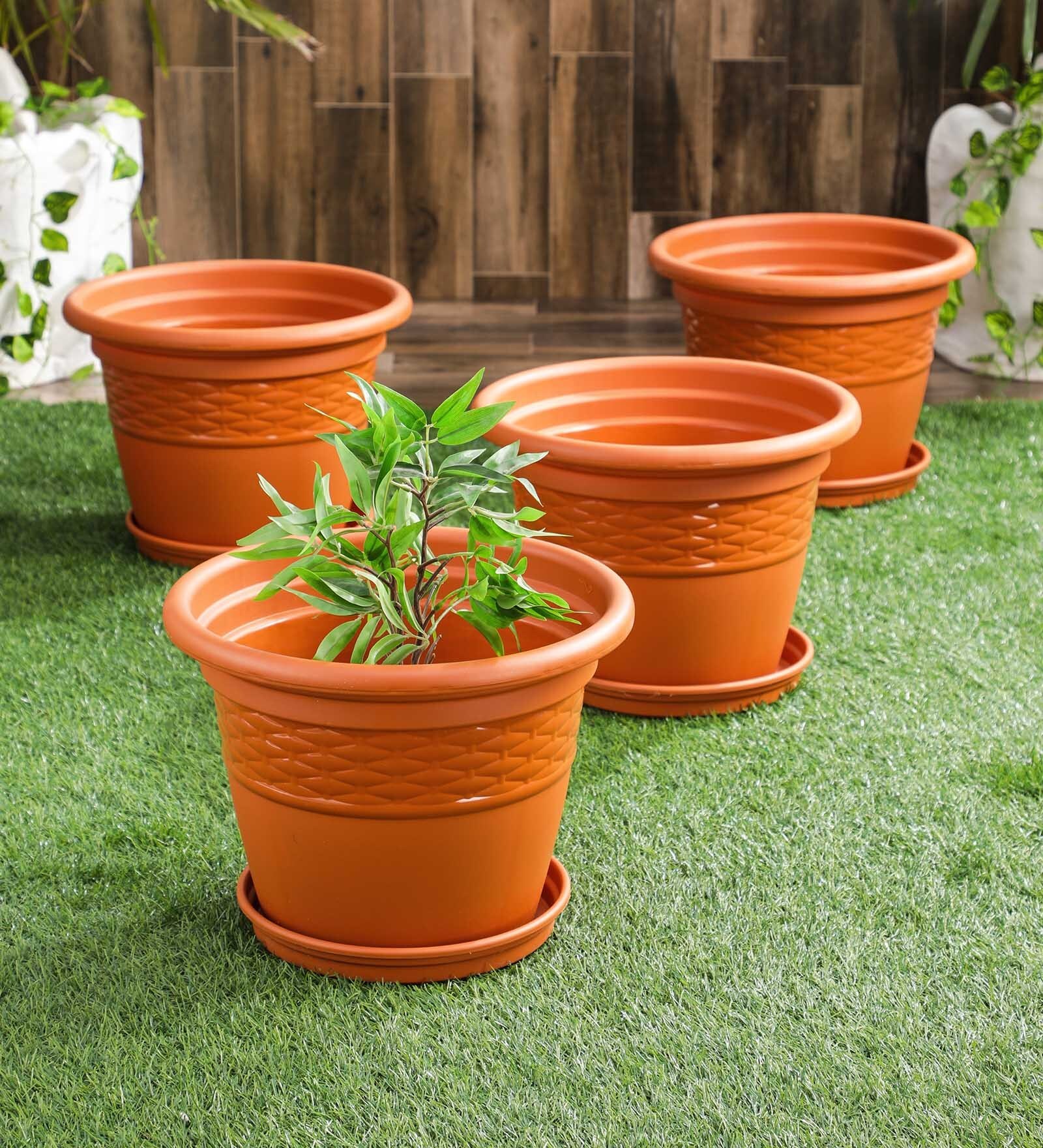 Buy Brown Plastic Heavy Duty Planter Pots with Bottom Tray - Set of 4 ...