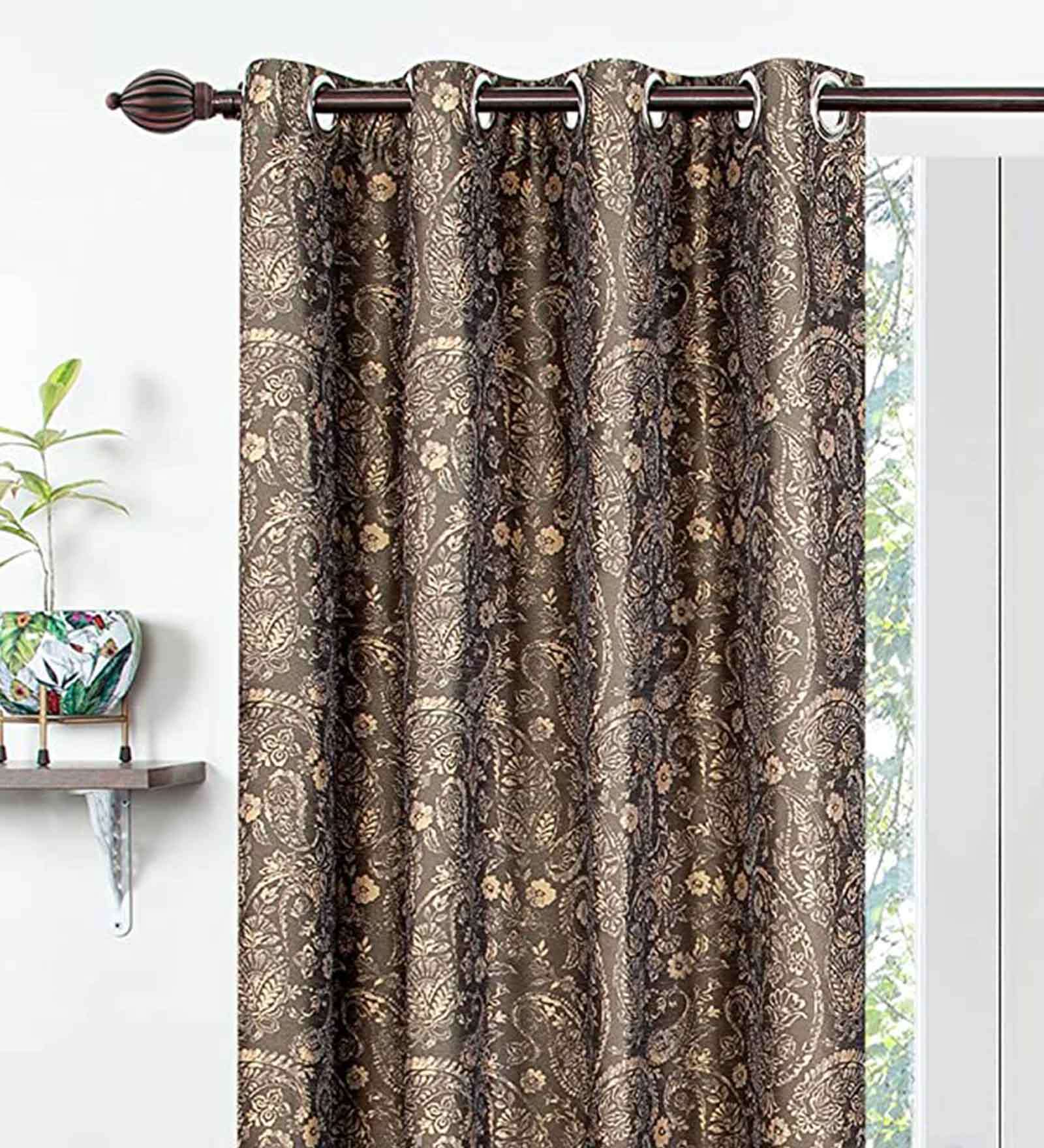 Buy Brown Polyester Floral 9 Ft Blackout Eyelet 2 Door Curtains By Deco ...