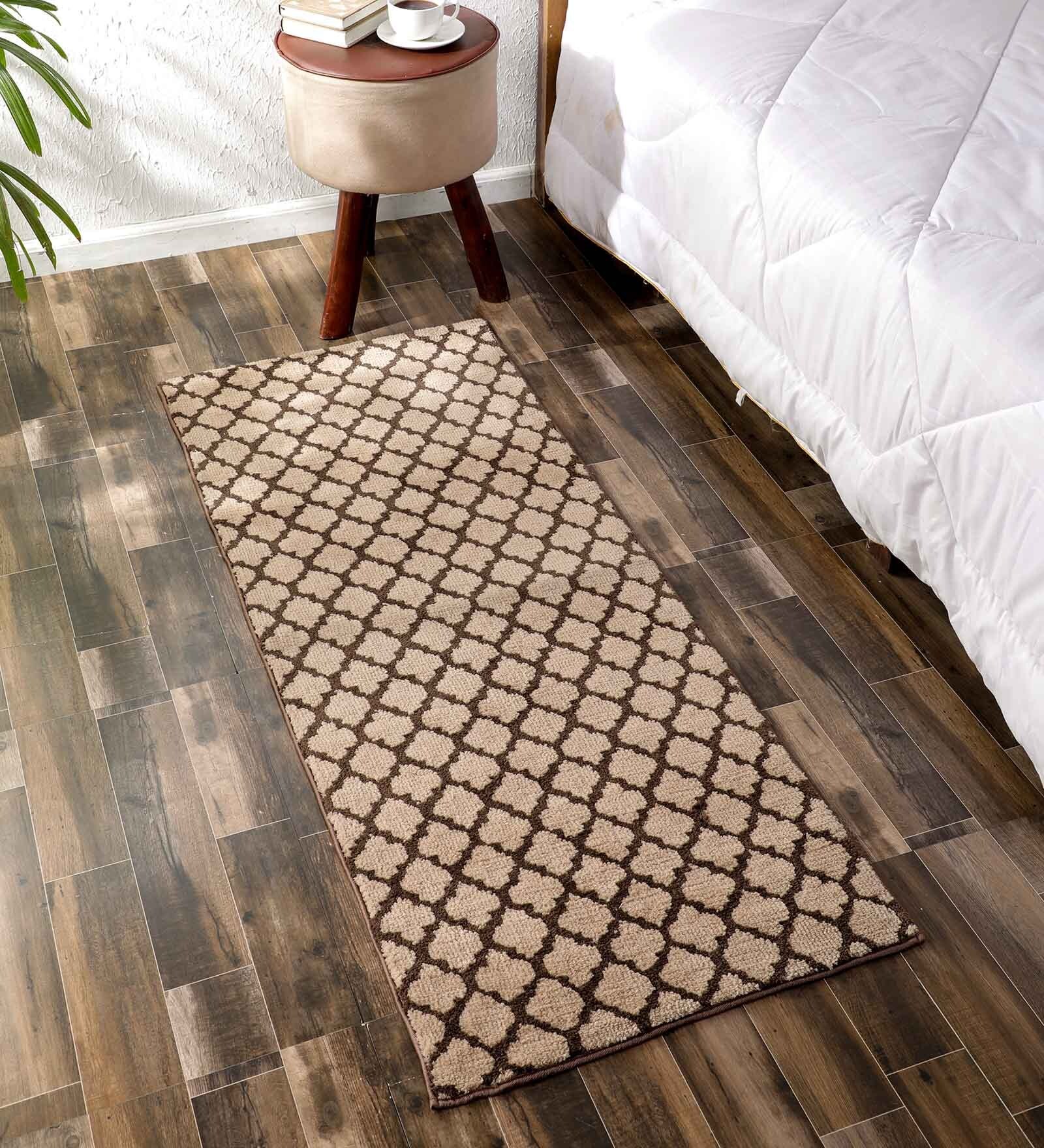 Buy Abstract Pattern Beige Polyester 5 x 2 Feet Shaggy Bed Side Runners ...