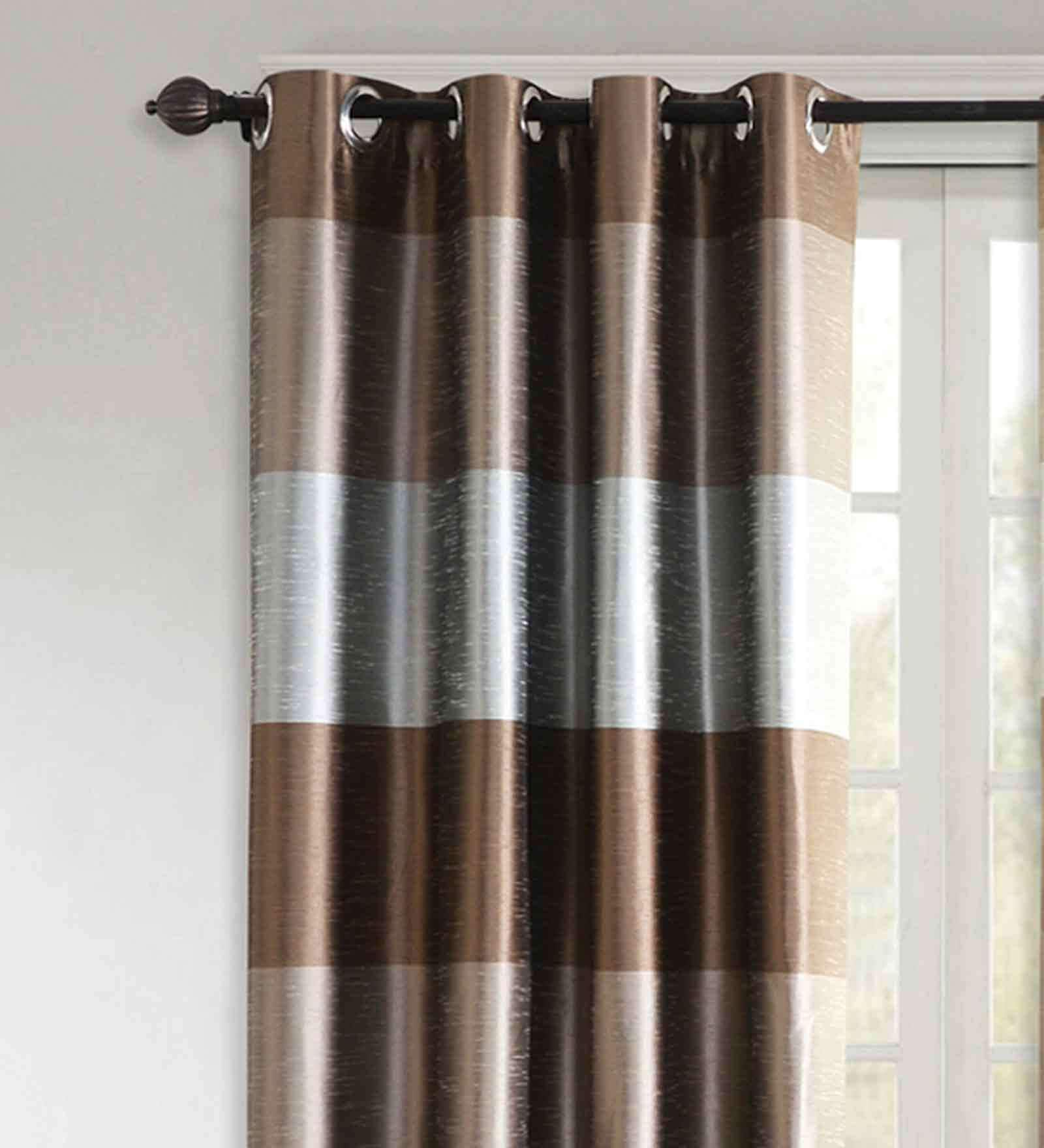 Buy Brown Polyester Striped 9 Ft Blackout Eyelet 2 Curtains by Deco ...
