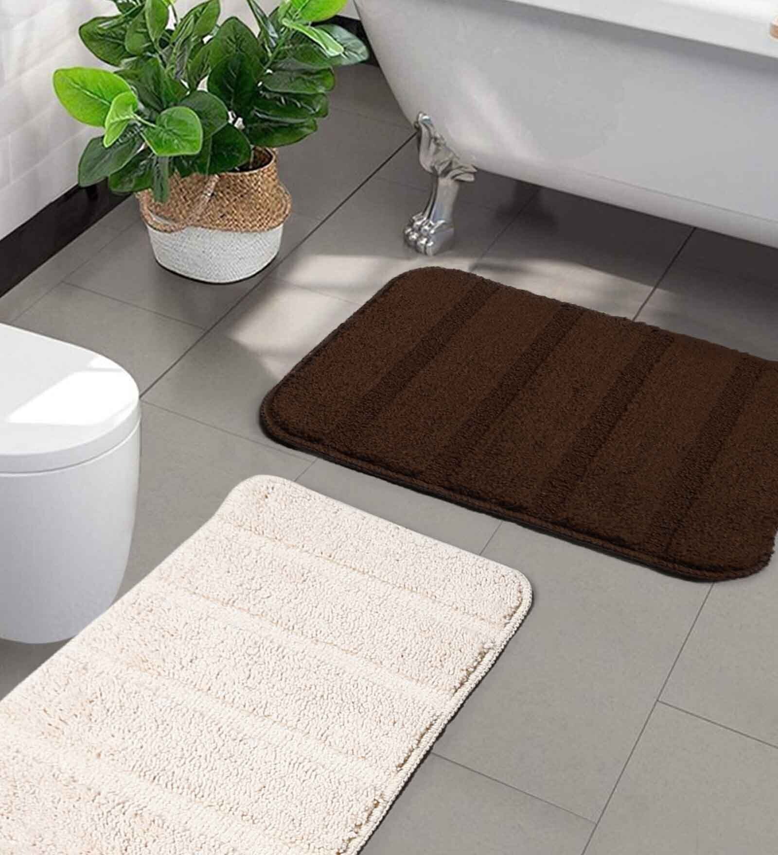 Buy Brown Stripe Microfibre 20x14 Inches Anti Skid Bath Mats (Set of 2 ...