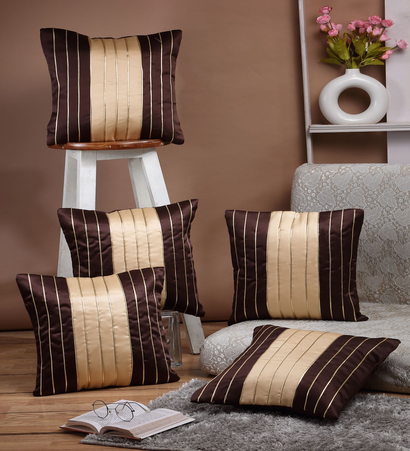 Buy Brown Strip Polyester Cushions & Pillows Cover (Set of 5) By Eric ...