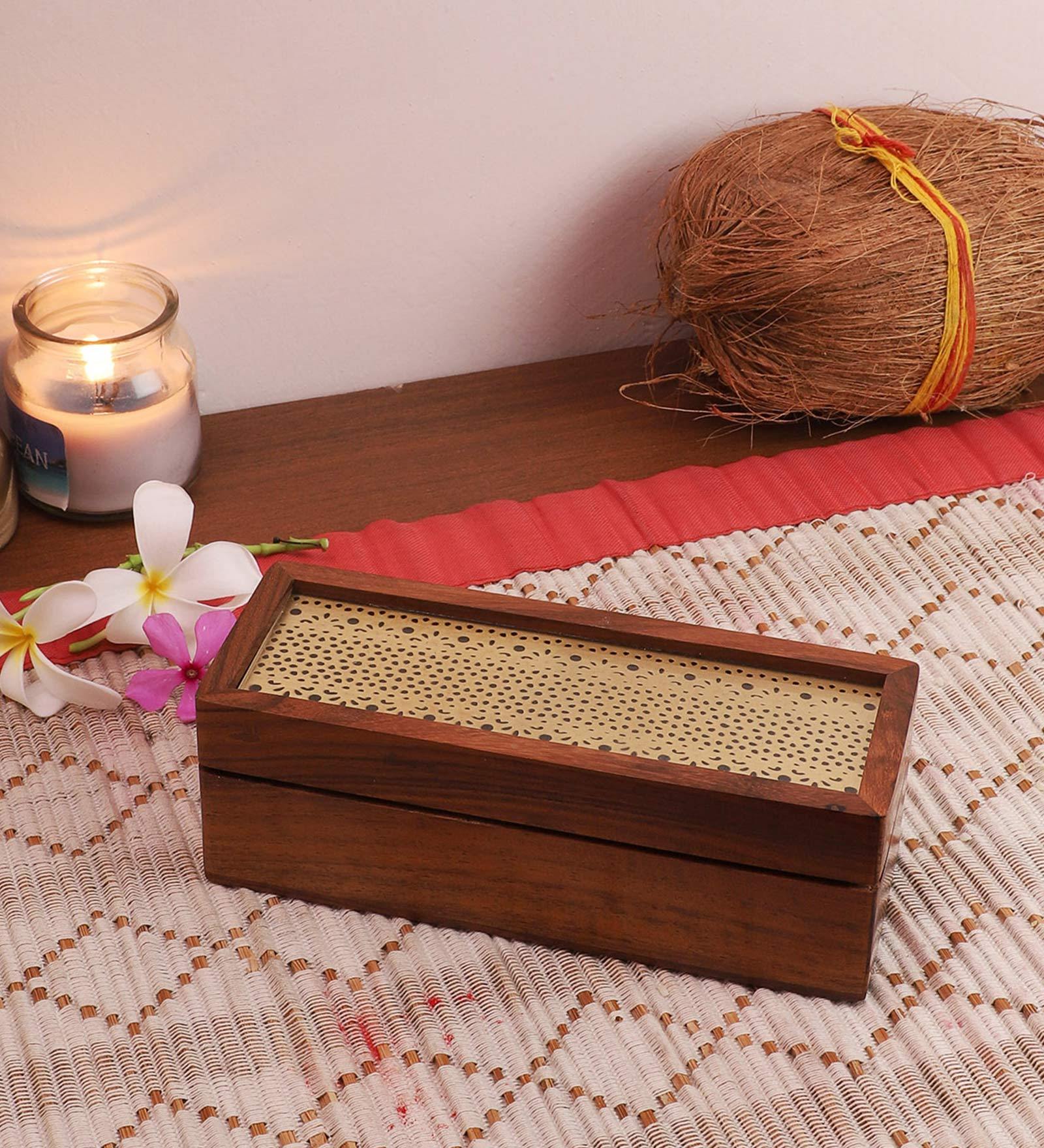 Buy Brown Wood & Brass & Glass Pavitra Sheesham Brass Pooja Box 3 ...
