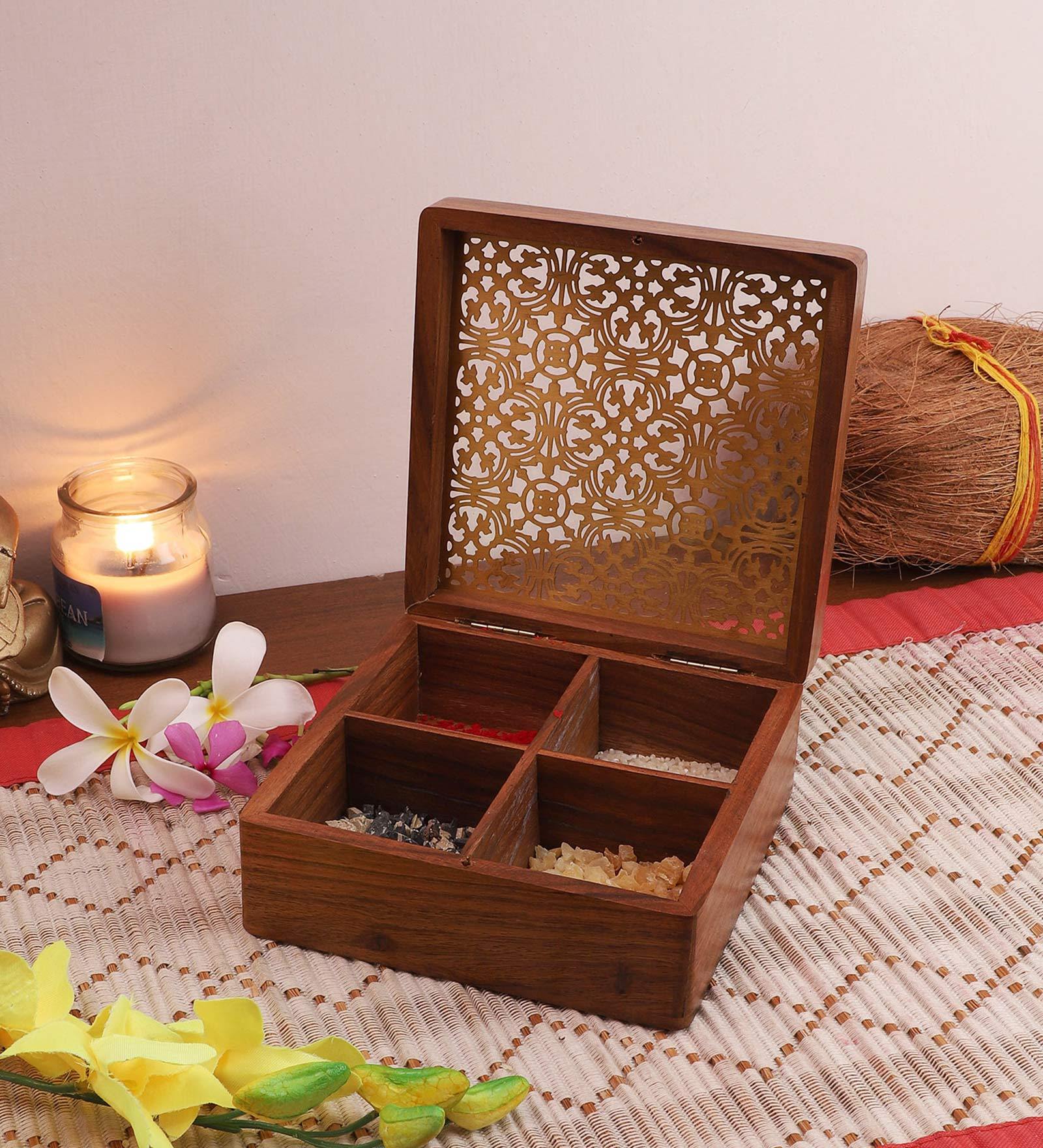 Buy Brown Wood & Brass & Glass Pavitra Sheesham Brass Pooja Box 4 ...