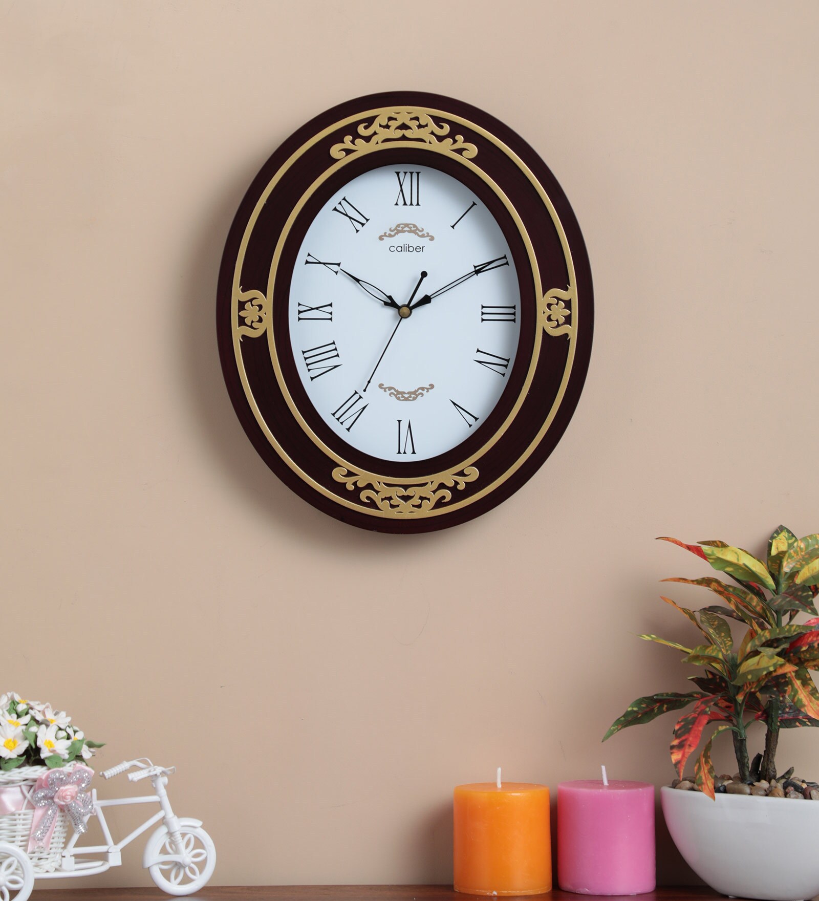 Buy Brown Wooden Oval Shape Clock with Hand Made Design by Caliber at ...