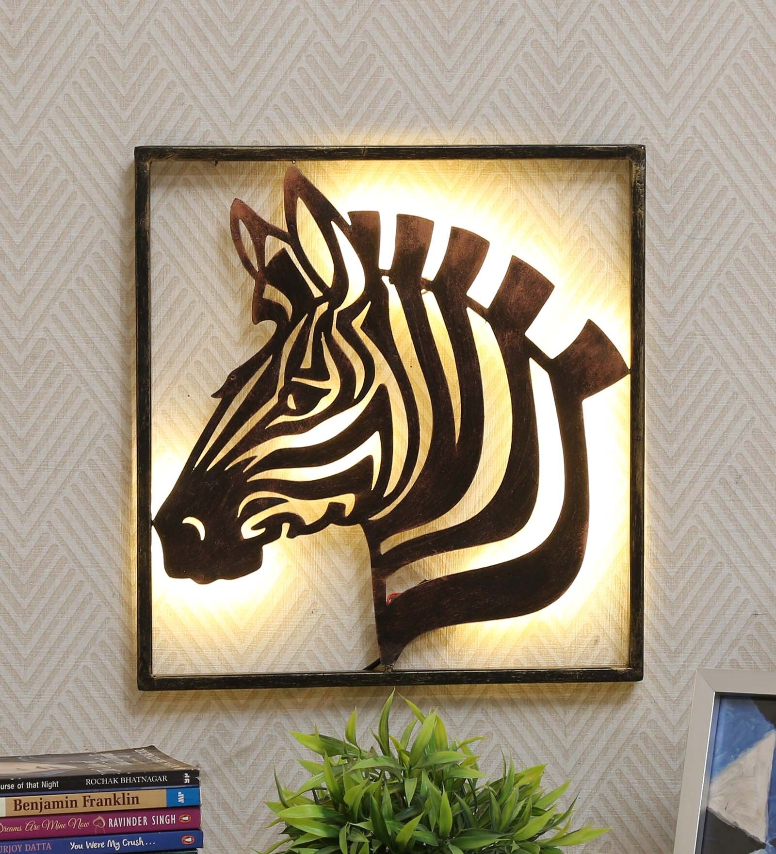 Buy Wrought Iron Zebra In Frame Wall Art With Led In Brown at 28% OFF ...