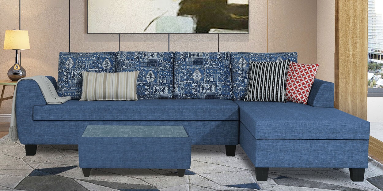 Buy Buster Crafty LHS Sectional 5 Seater Sofa with Center table in Blue ...
