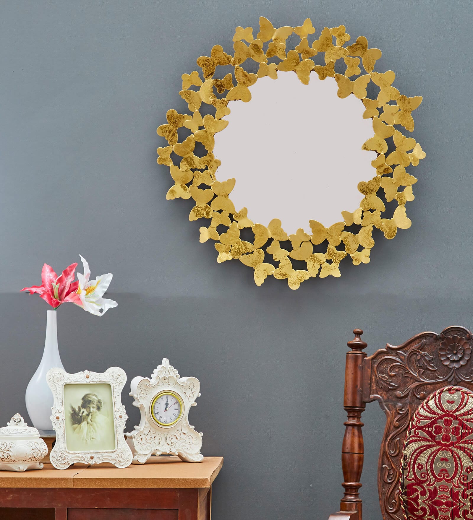 Buy Butterfly Round Wall Mirror in Metallic Frame by Venetian Design ...
