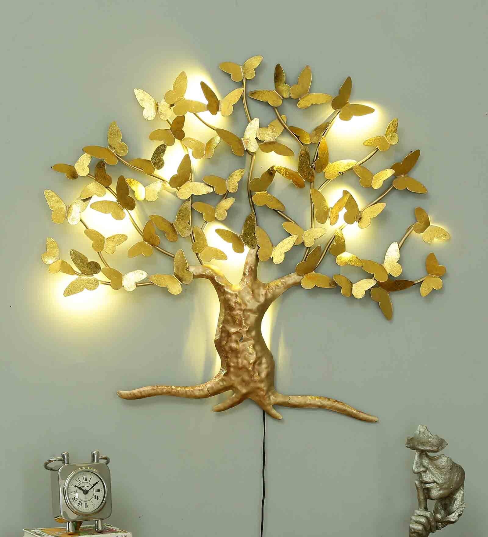 Buy Iron Decorative Tree Wall Art With LED In Gold By The Shining Rays ...