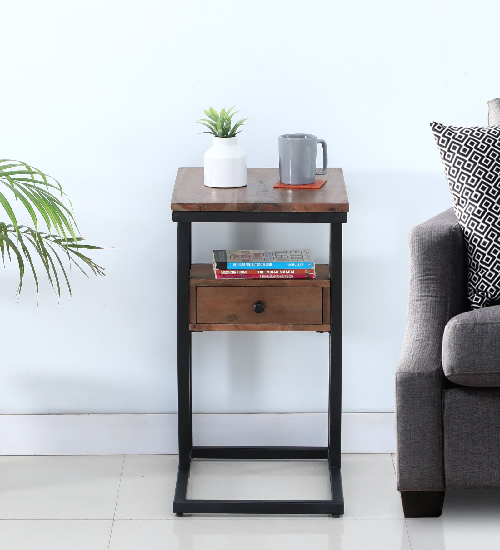 Buy C Solid Wood End Table In Natural Finish And Black Colour at 100% ...