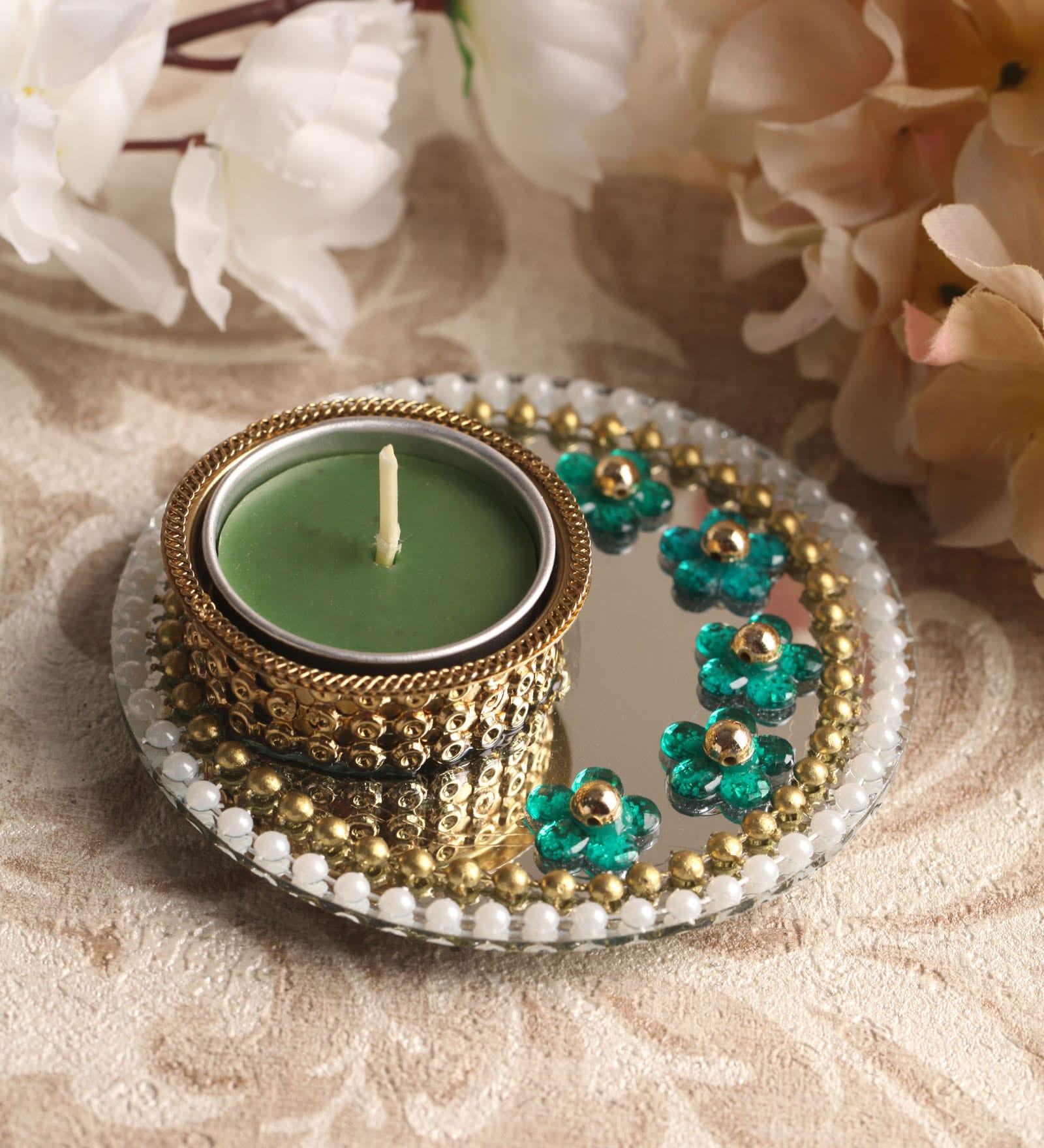 Buy Green Metal Mirror Tray with Tea Light Holder with Kundan by ...