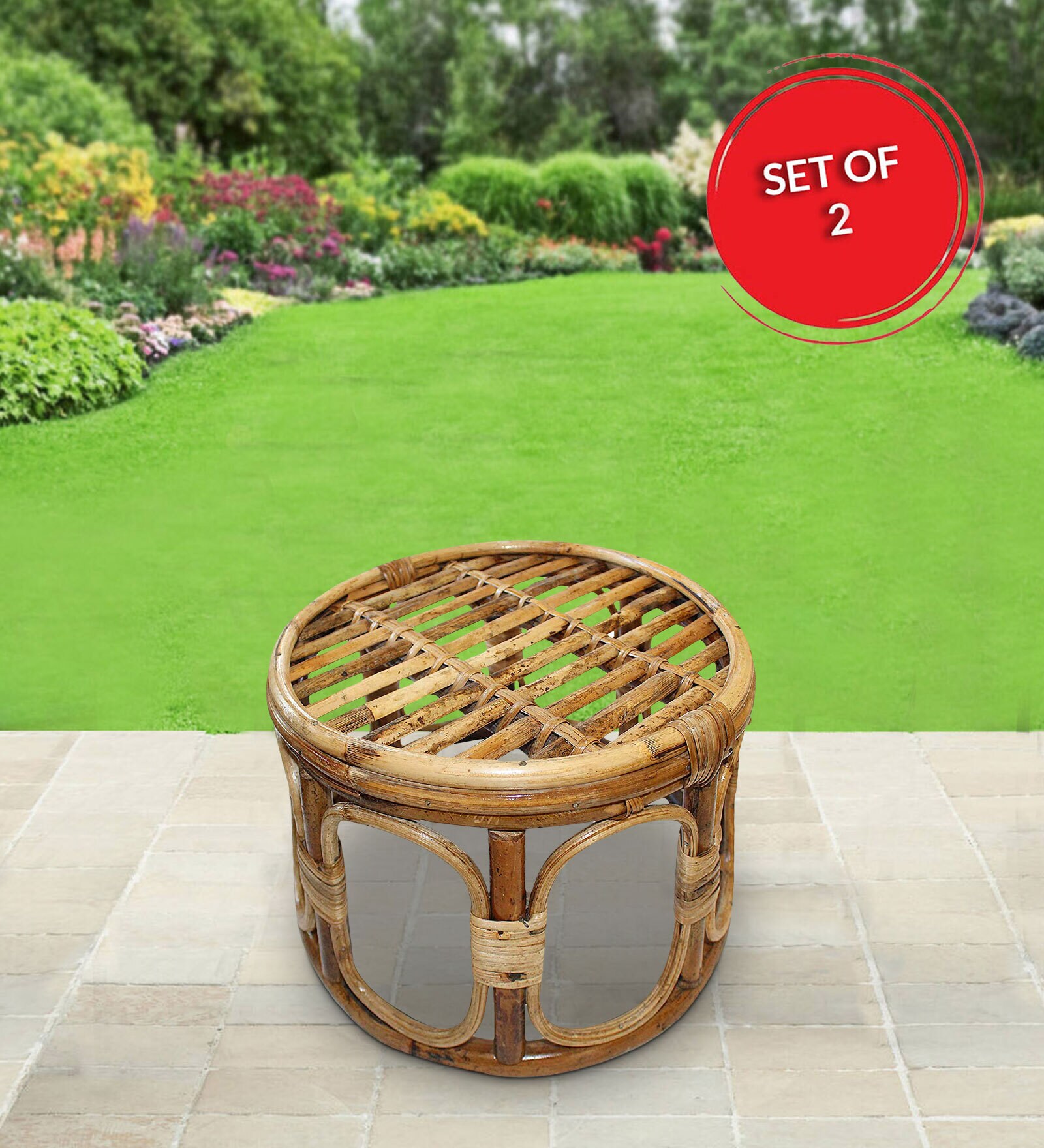 Buy Cane Fabric Foot Stool in Varnish Brown Colour, (Set Of 2) at 44% ...