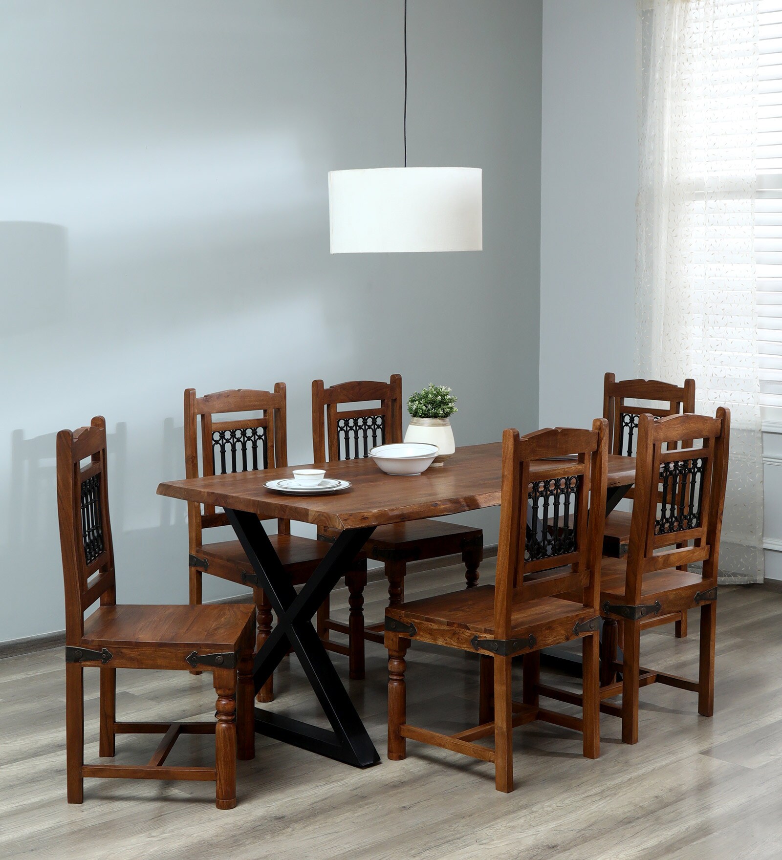 Buy Caravan Solid Wood 6 Seater Dining Set in Walnut & Black Finish at ...