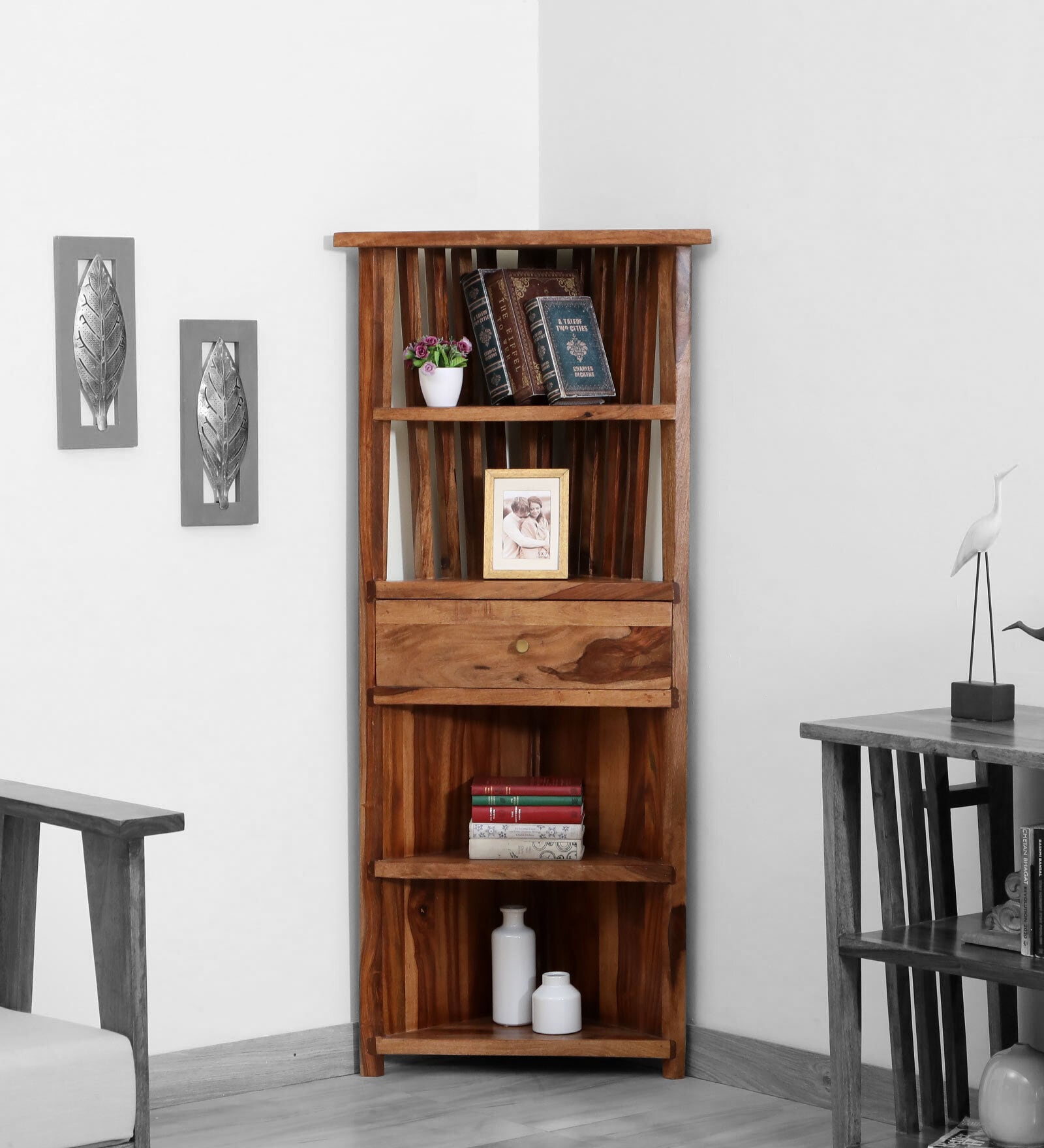 Buy Cartesian Sheesham Wood Corner Bookshelf in Rustic Teak Finish at 2 ...