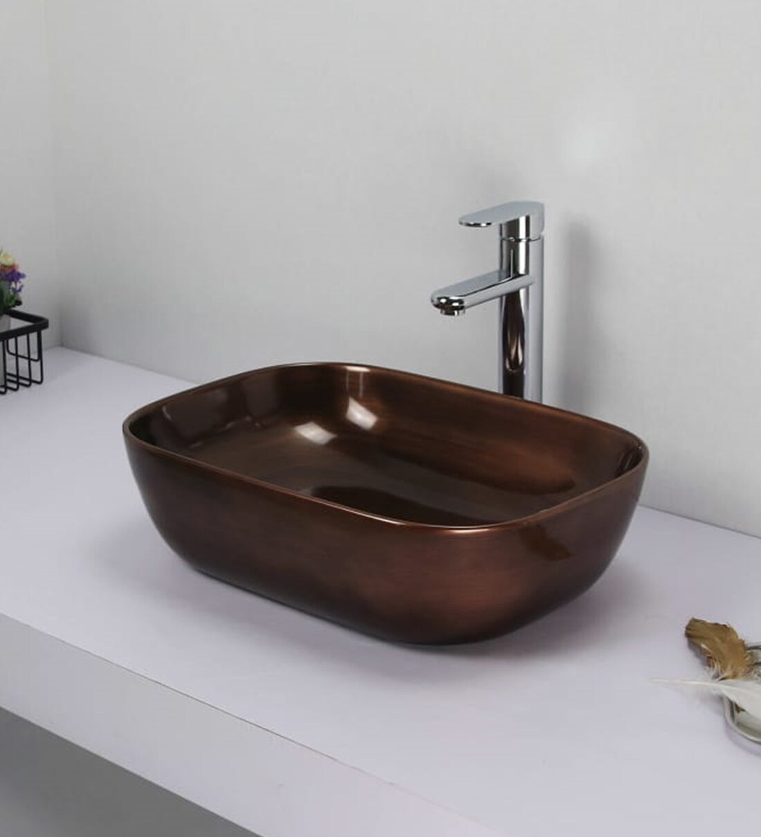 Buy Ceramic Rectangular Shape White Counter Top Wash Basin (H: 5.4, W ...