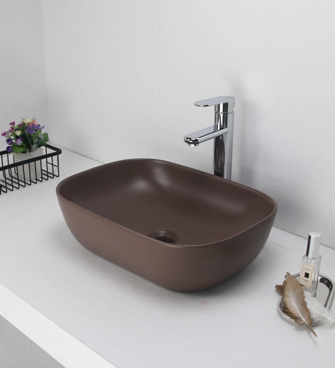 Buy Ceramic Rectangular Shape White Counter Top Wash Basin (H: 5.4, W ...