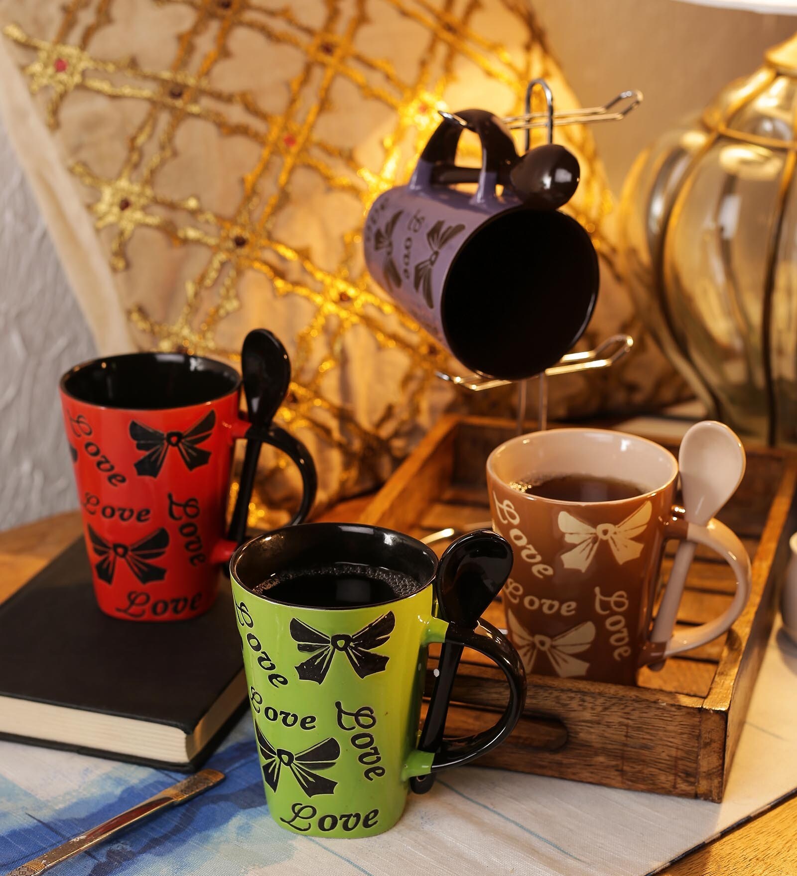 Buy Fresco 250ml Multicolour Ceramic (Set of 4) Coffee Mug with Spoon ...