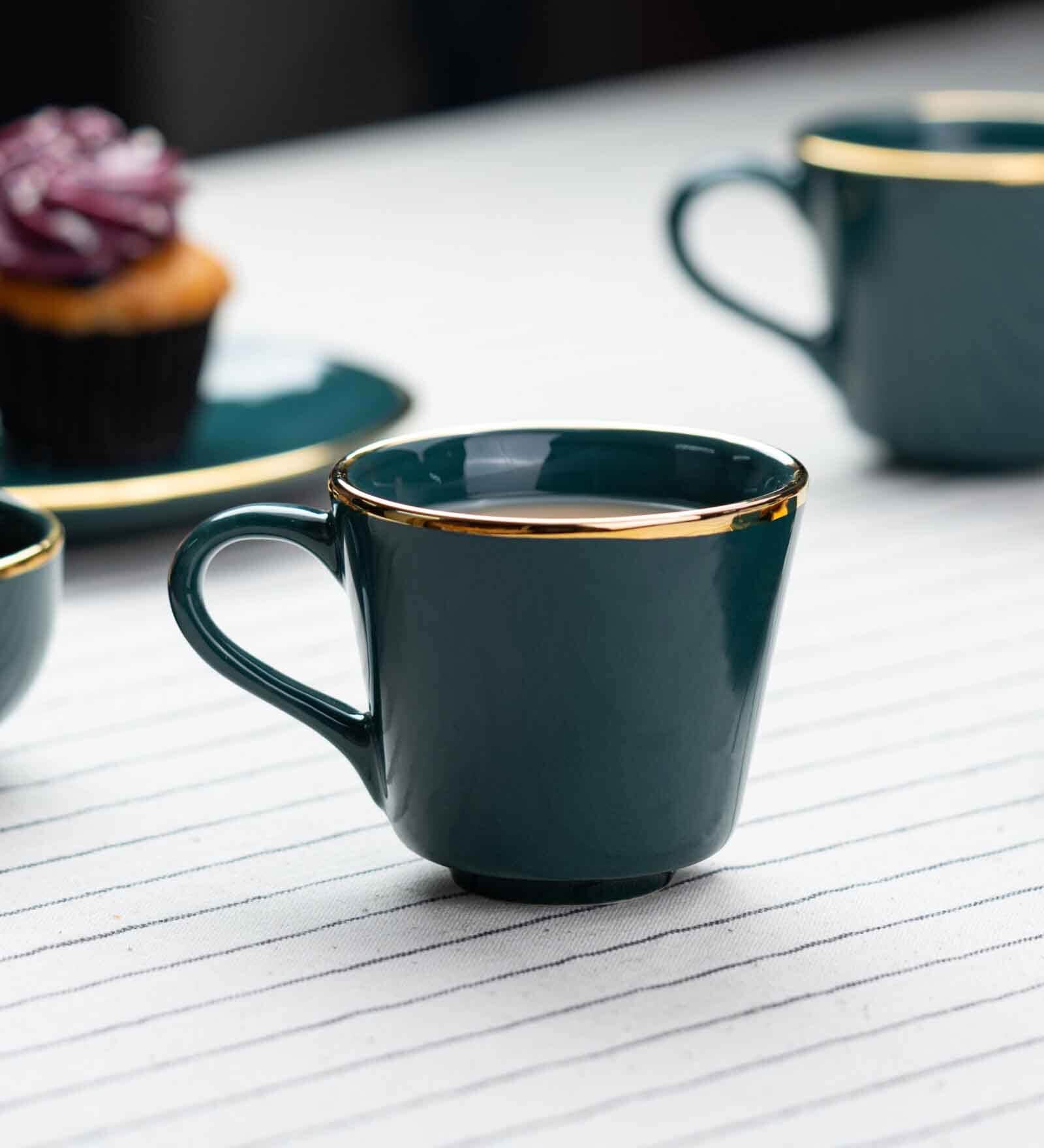 Buy Ceramic Tea Cup Set of 6 180ml Teal Green Gold Line at 29% OFF by ...