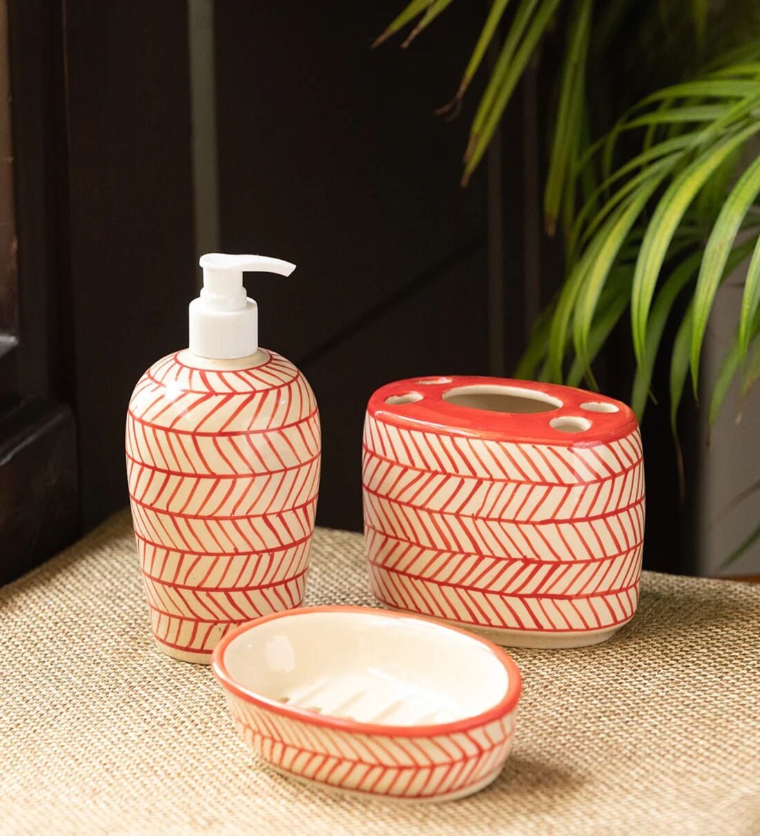 Buy Chevrons White & Red Ceramic (Set of 3) Bath Set by ExclusiveLane at 34% OFF by ...