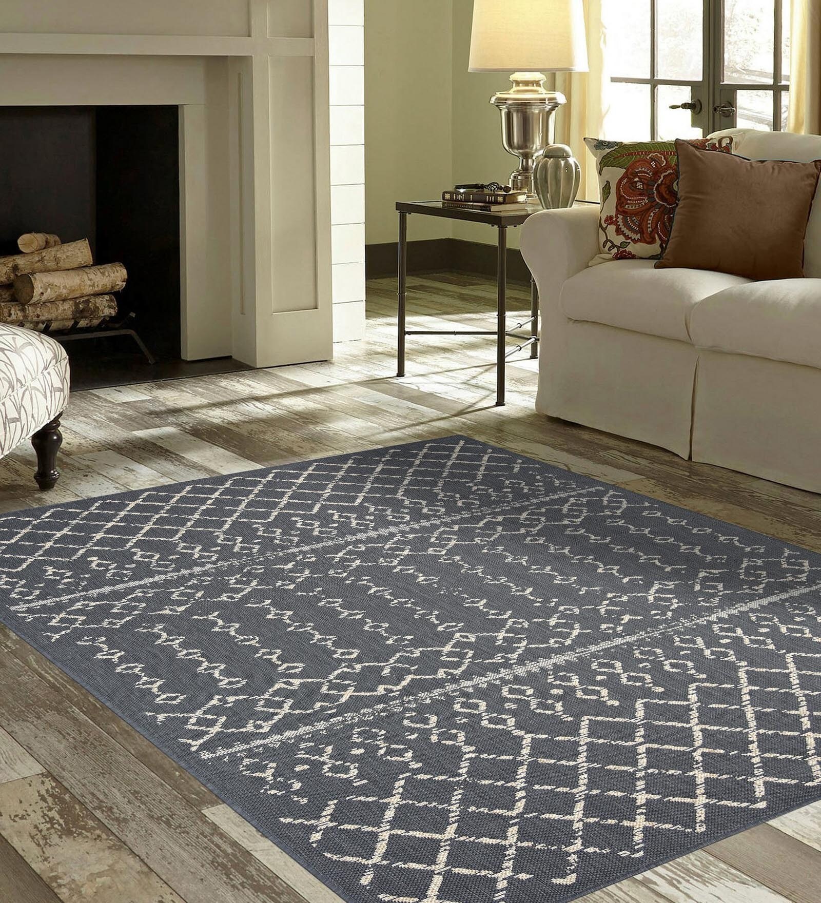 Buy Dark Grey Geometric Polypropylene 5 ft x 7 ft Machine Made Carpet ...