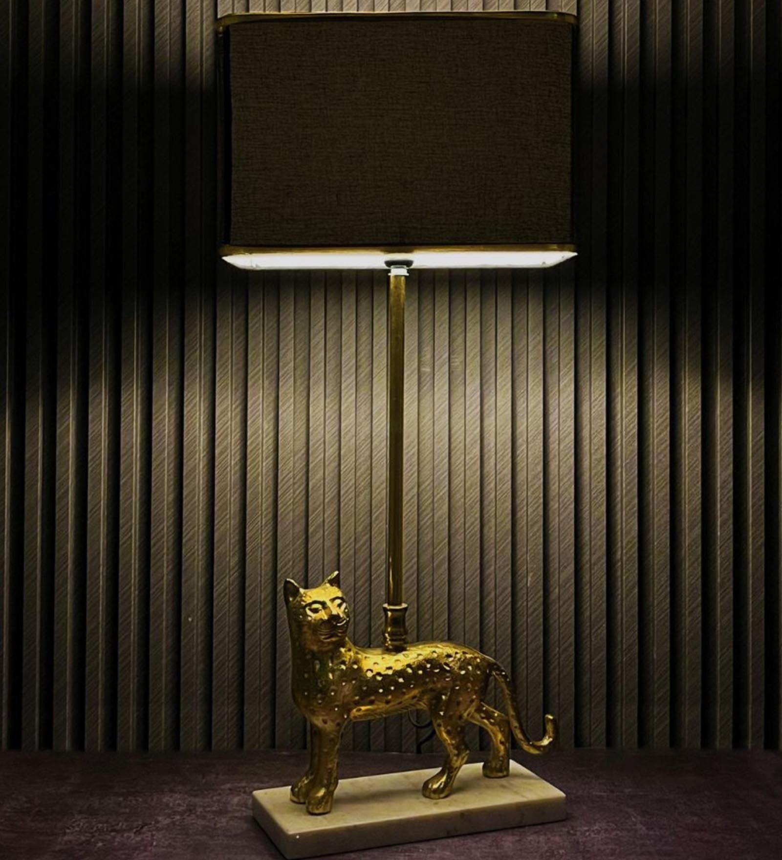 Buy Antique Brass Finish Metal Design Cheetah Table Lamp with Marble ...