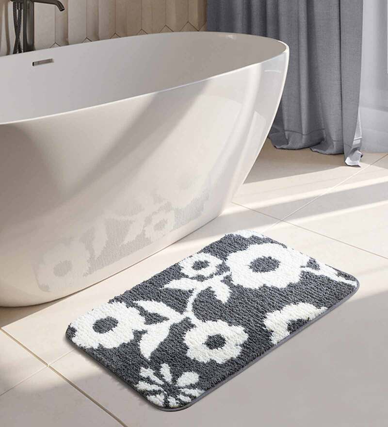 Buy Grey Floral Polyester 28x20 Inches Anti Skid Bath Mat by Obsessions ...