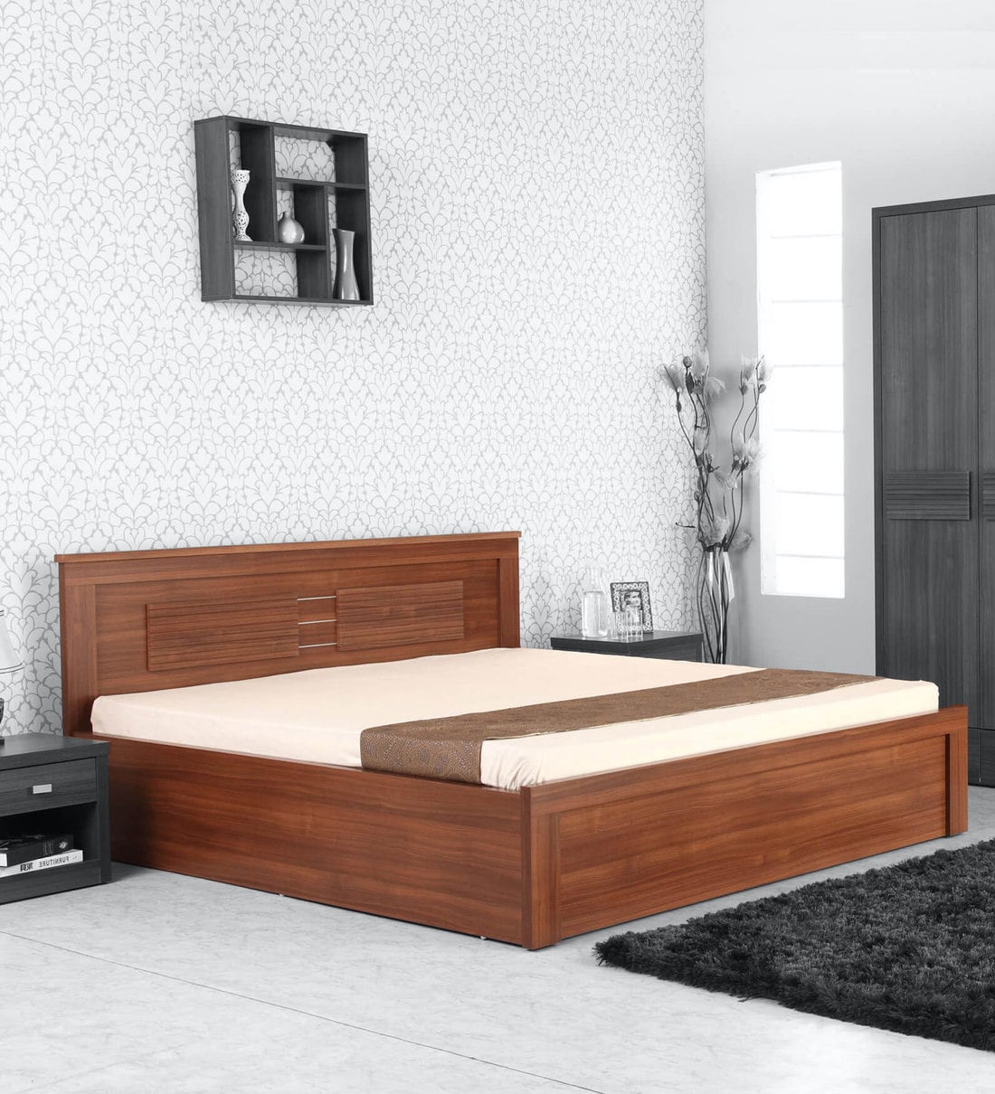 Buy Ciara Queen Size Bed with Storage in Rigato Walnut Finish Storage ...