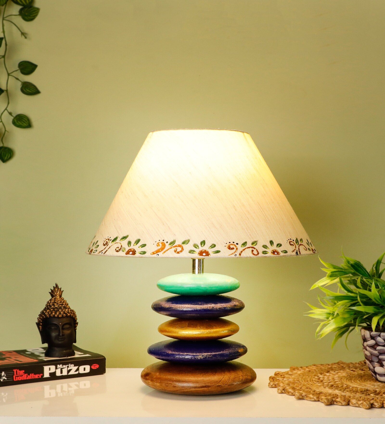 Buy Beige Handpainted Shade Wooden Stone Handmade Multicolor Table Lamp ...