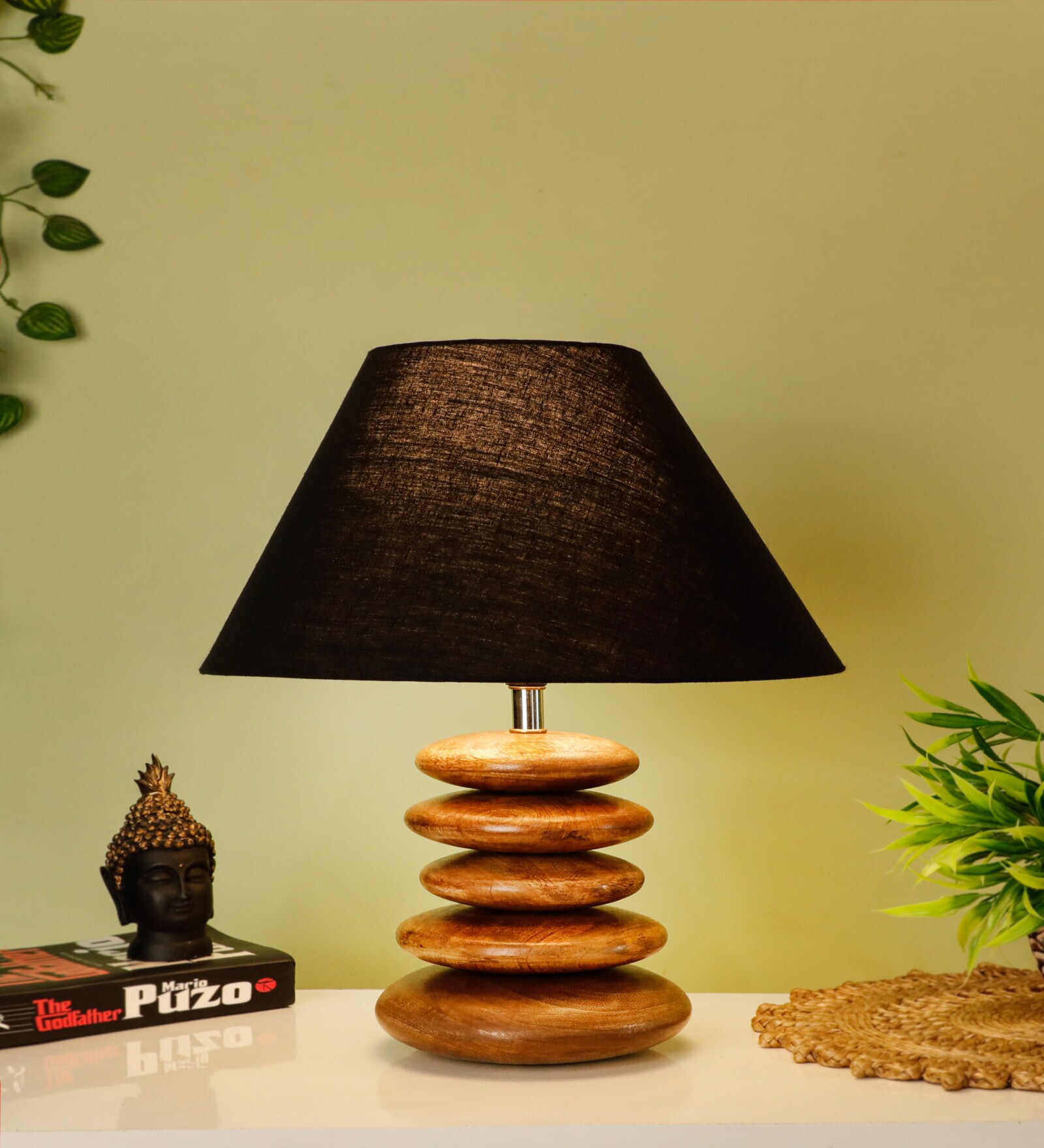 Buy Black Shade Wooden Stone Handmade Brown Color Table Lamp at 26% OFF ...