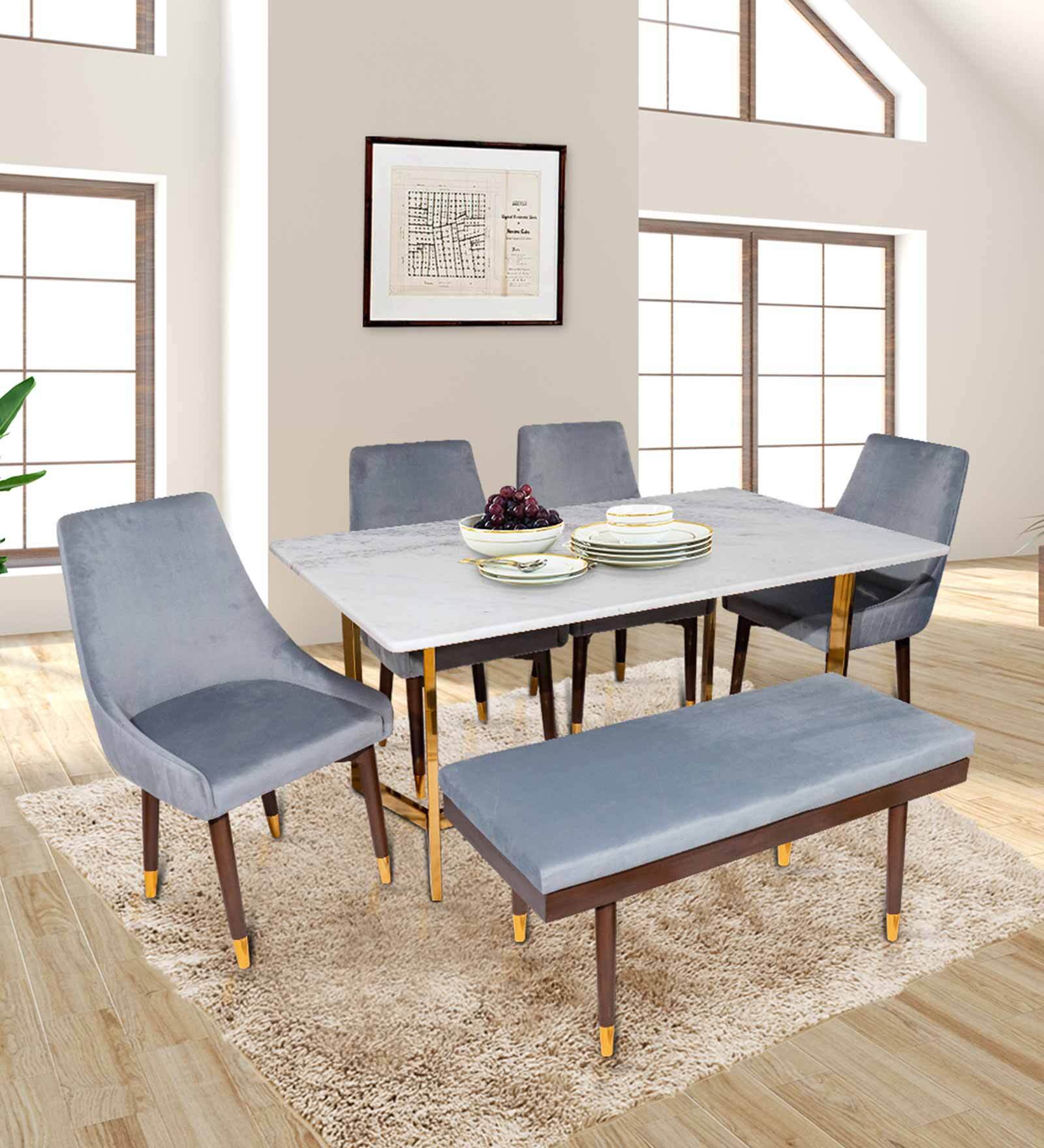 Buy Classic Mylo Marble 6 Seater Dining Set in Glossy Gold Finish with ...