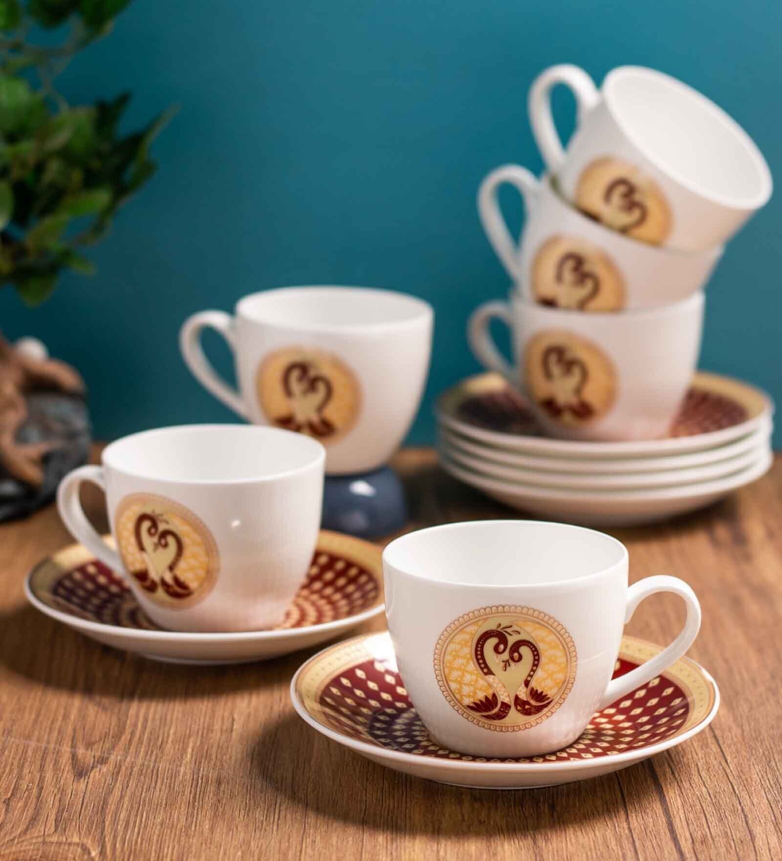 Buy Clay Craft Fine Ceramic Cream Midas Cup & Saucer Set of 12 (6 Cups ...