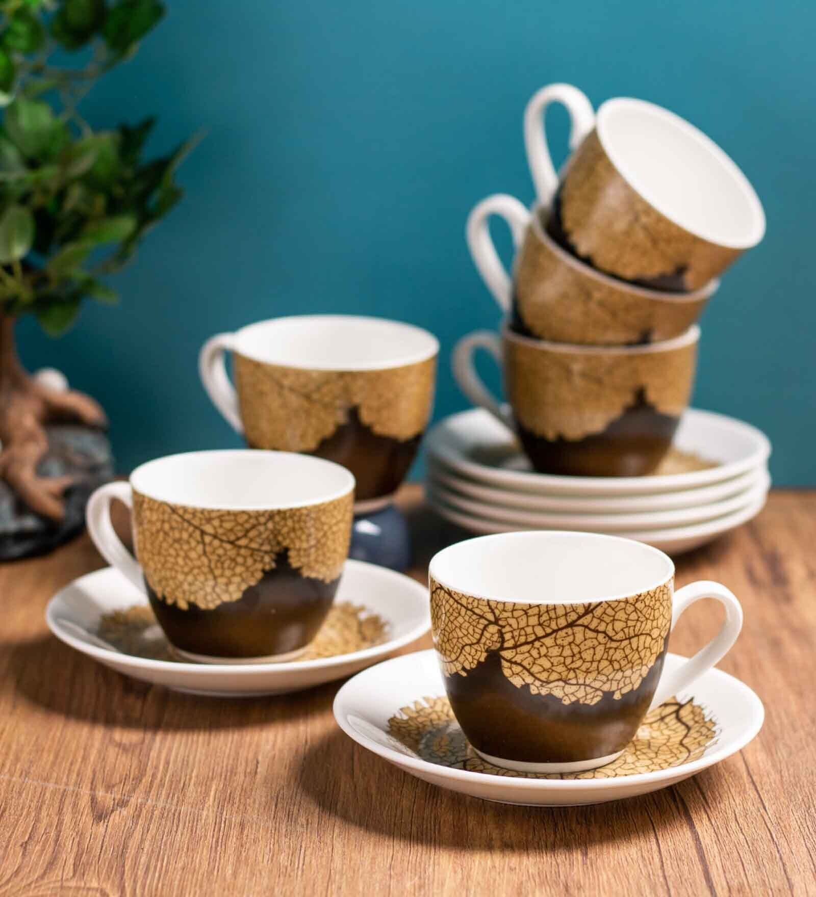 Buy Clay Craft Fine Ceramic Cream Nature Cup & Saucer Set of 12 (6 Cups ...