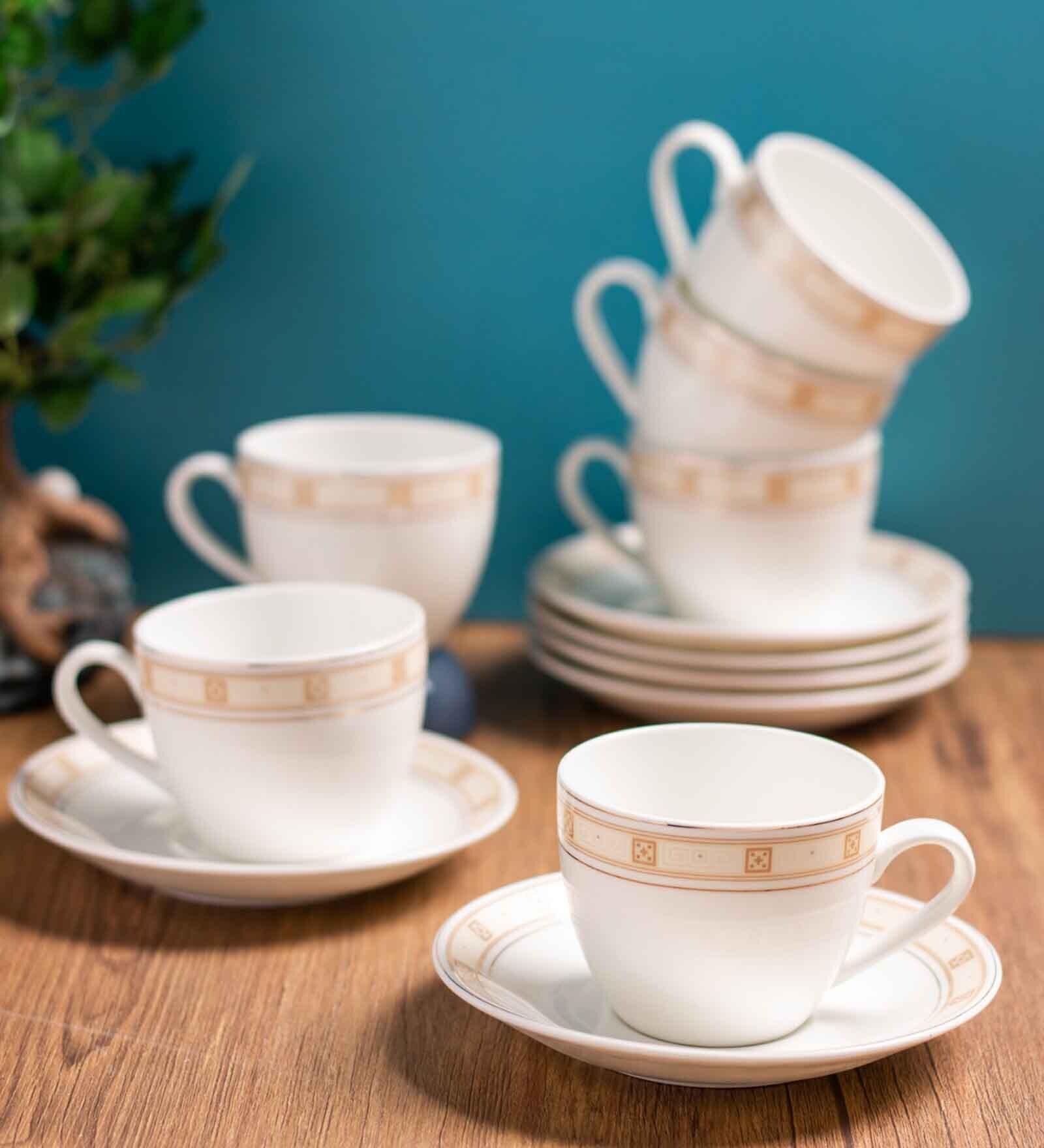 Buy Clay Craft Fine Ceramic Cream Regal Cup & Saucer Set of 12 (6 Cups ...