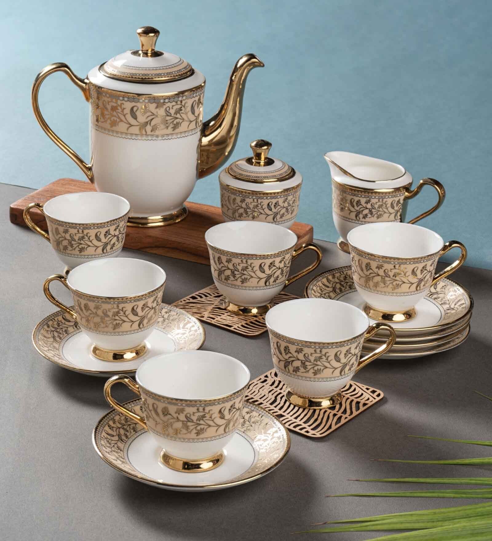 Buy Clay Craft Fine Ceramic New Georgian Tea Set Of 15( 6 Cup, 6 Saucer ...